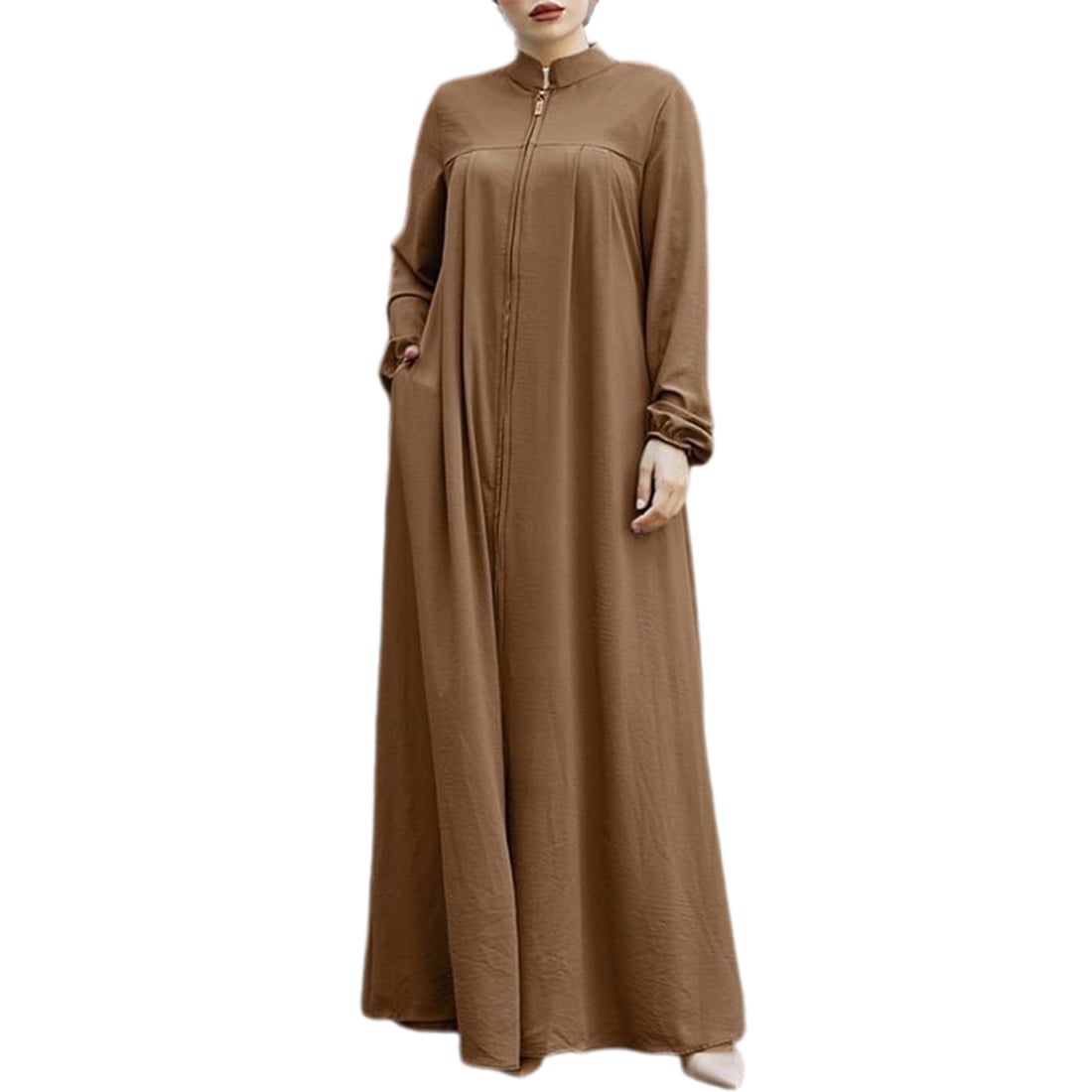 IDOPIP Women's Abaya Muslim Dress Stand Collar Zipper Prayer Dress ...