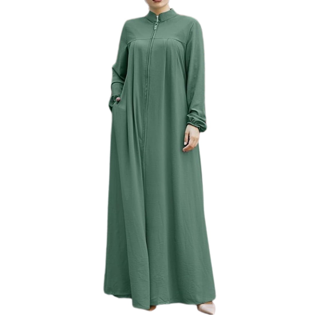 IDOPIP Women's Abaya Muslim Dress Stand Collar Zipper Prayer Dress ...