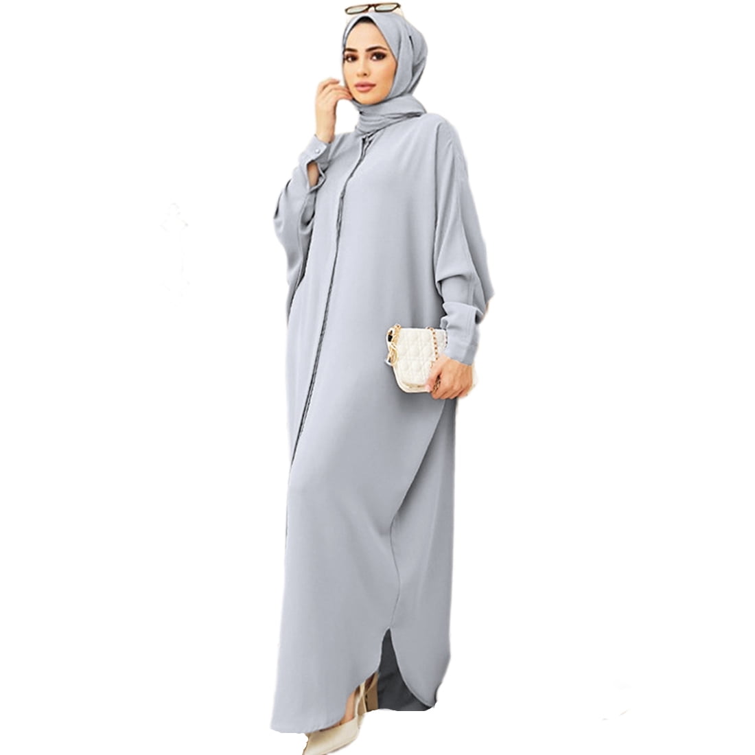 IDOPIP Women's Abaya Muslim Dresses Batwing Sleeve Henley Shirt Prayer ...