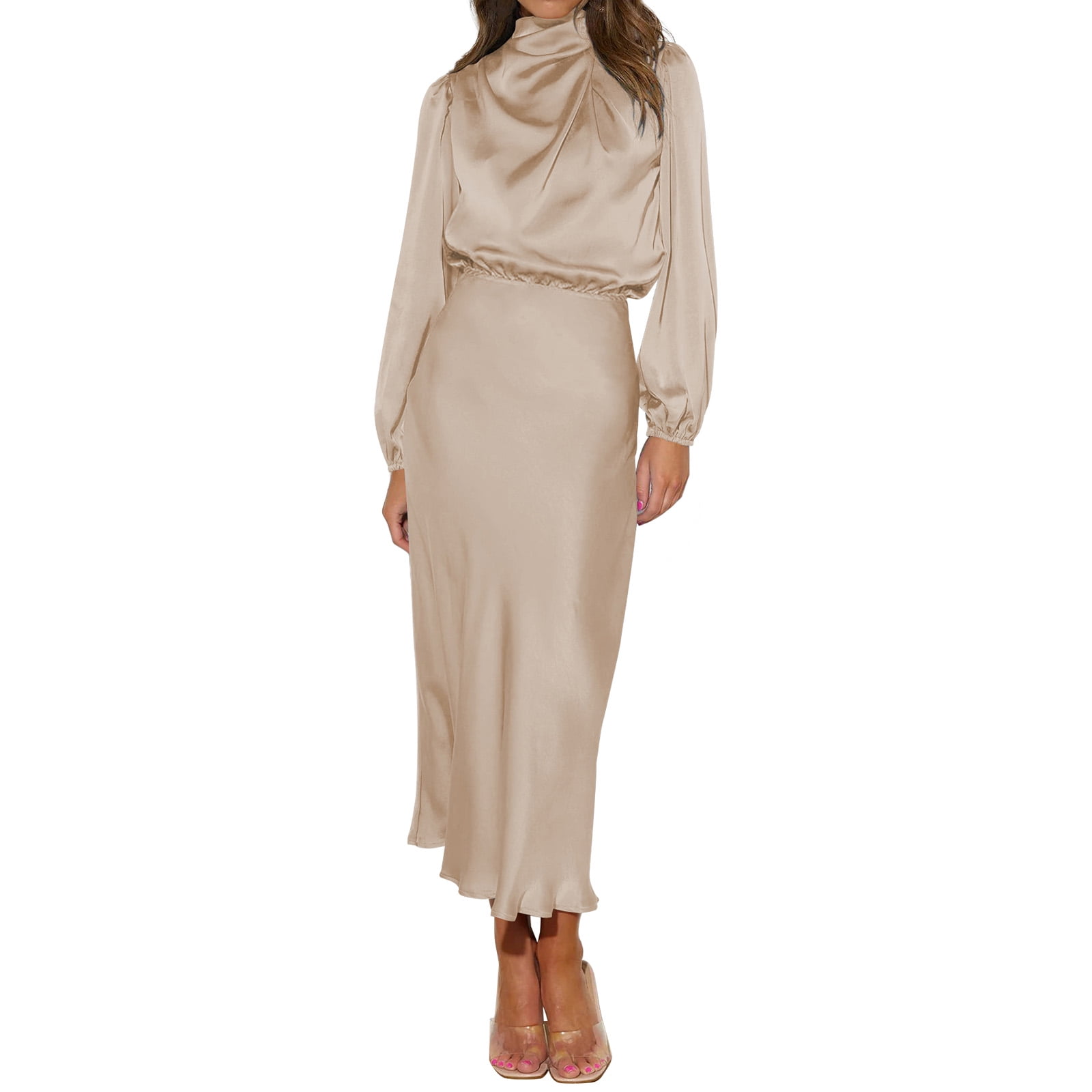IDOPIP Women's Elegant Long Sleeve Satin Dress Mock Neck Elastic Waist ...