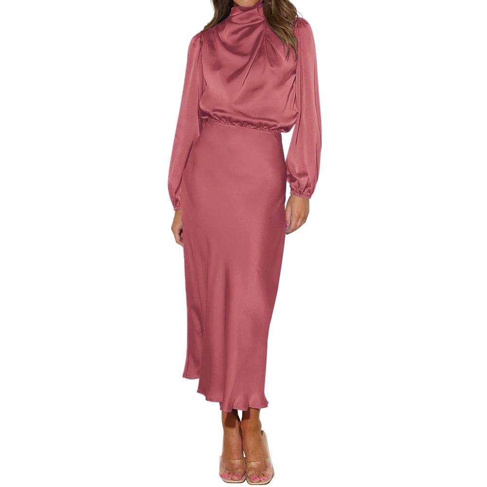 IDOPIP Women's Elegant Long Sleeve Satin Dress Mock Neck Elastic Waist ...