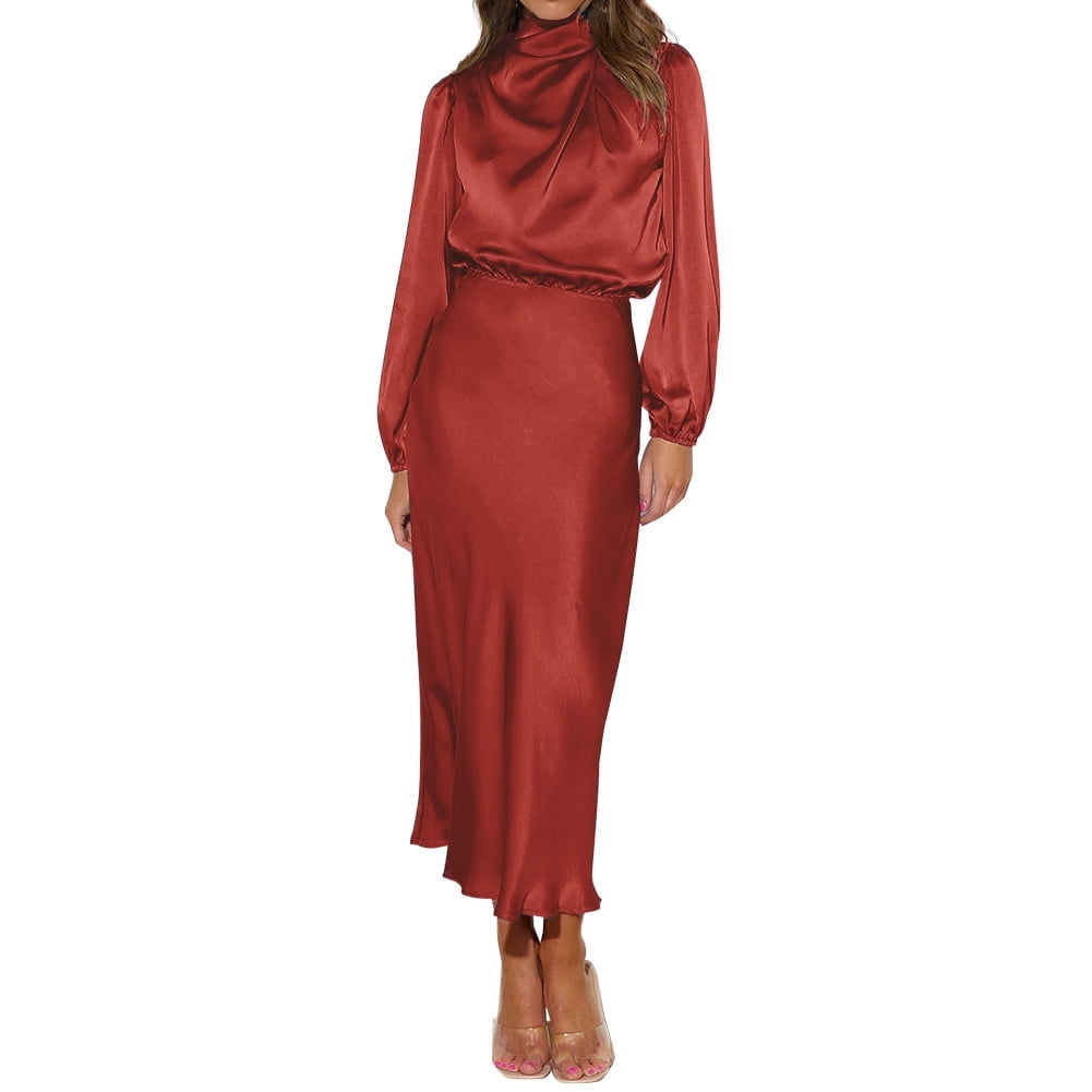 IDOPIP Women's Elegant Long Sleeve Satin Dress Mock Neck Elastic Waist ...