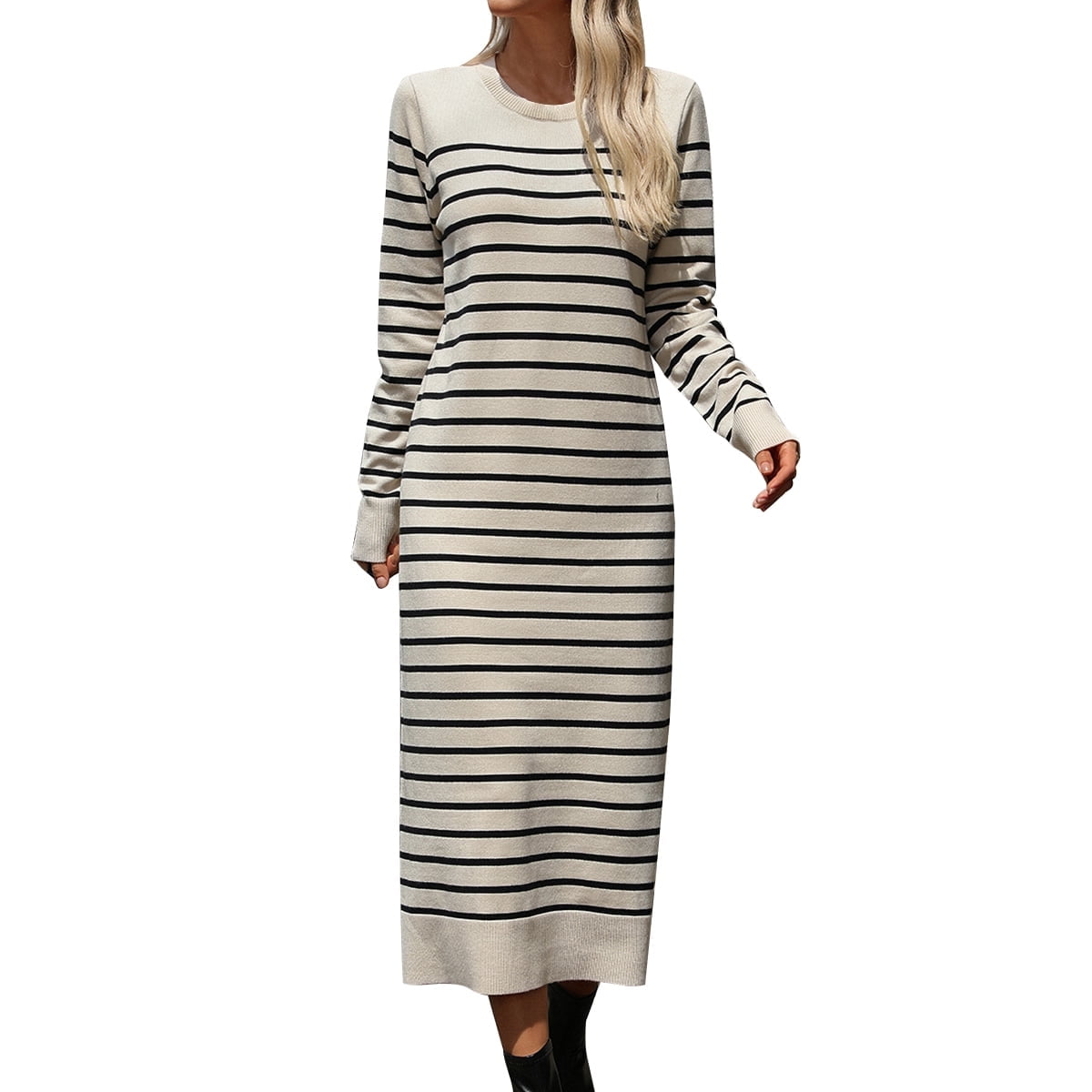 IDOPIP Women's Fall Long Sleeve Striped Knit Midi Dresses Crewneck Side ...
