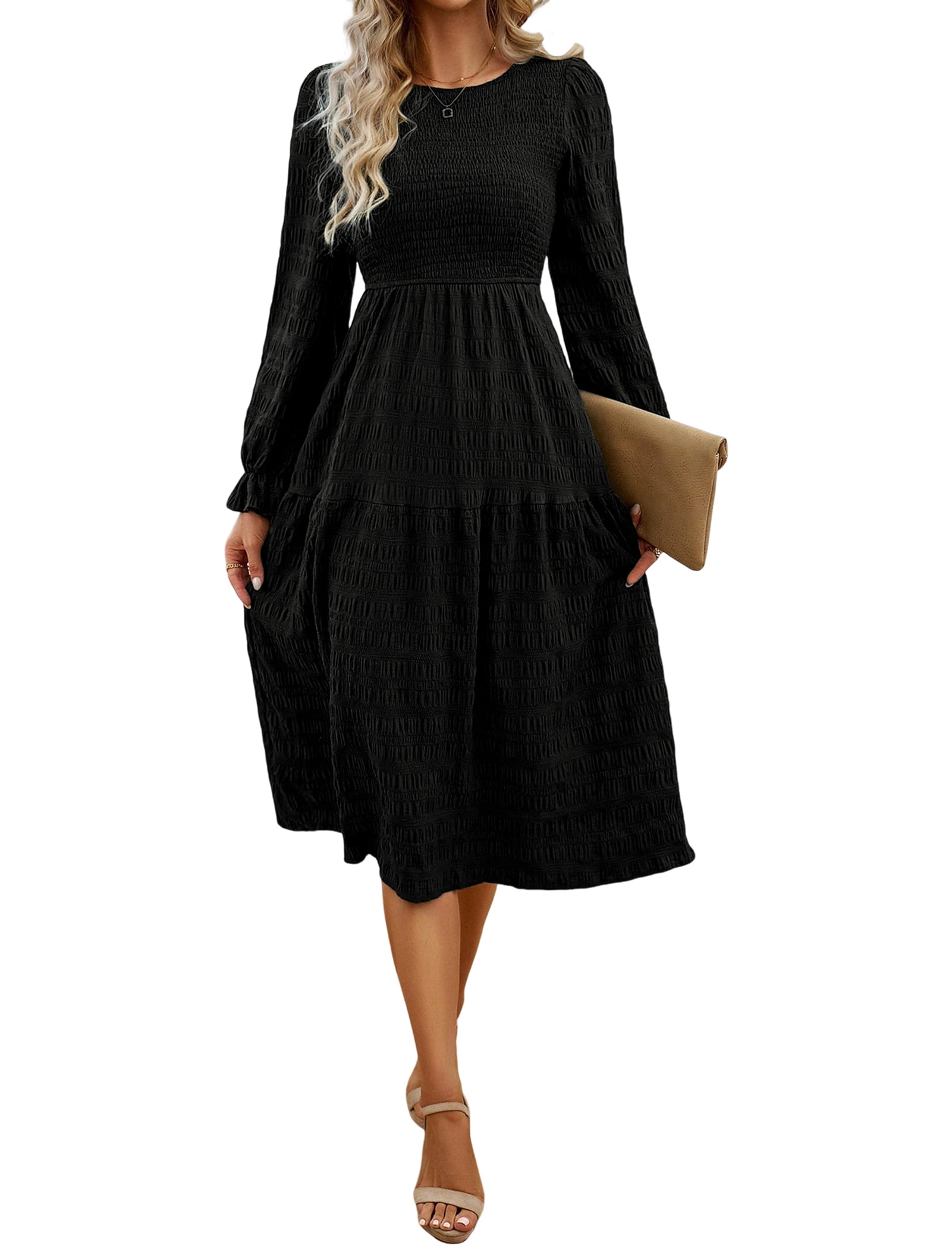 IDOPIP Women's Long Sleeve Smocked Maxi Dress Casual Round Neck Tiered ...