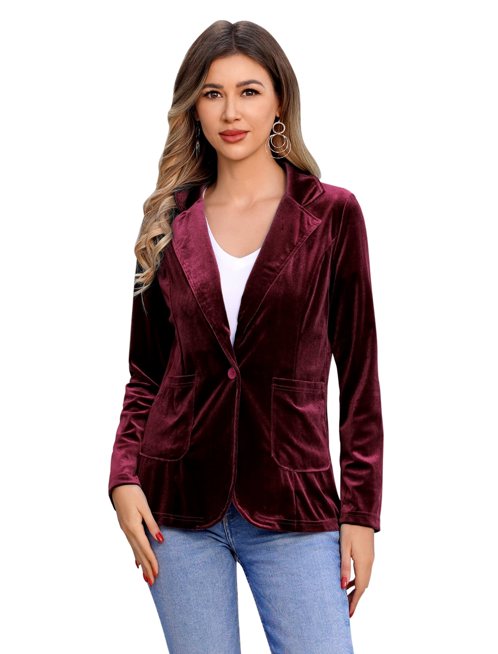 IDOPIP Women's Velvet Blazer Jacket Long Sleeve Open Front Cardigan ...