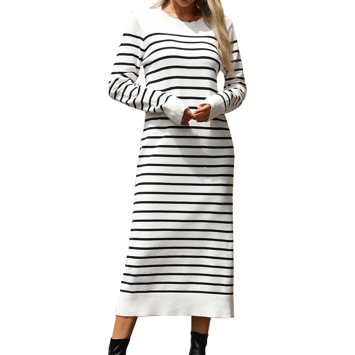 IDOPIP Womens 2024 Fall Striped Sweater Dresses Long Sleeve Crew Neck ...