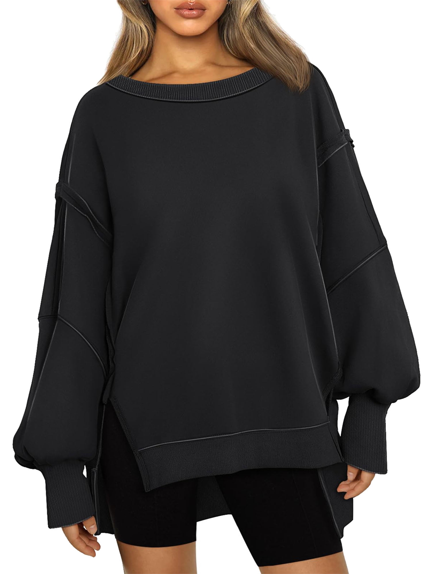 IDOPIP Womens Oversized Crewneck Sweatshirts Long Sleeve Side Slits ...