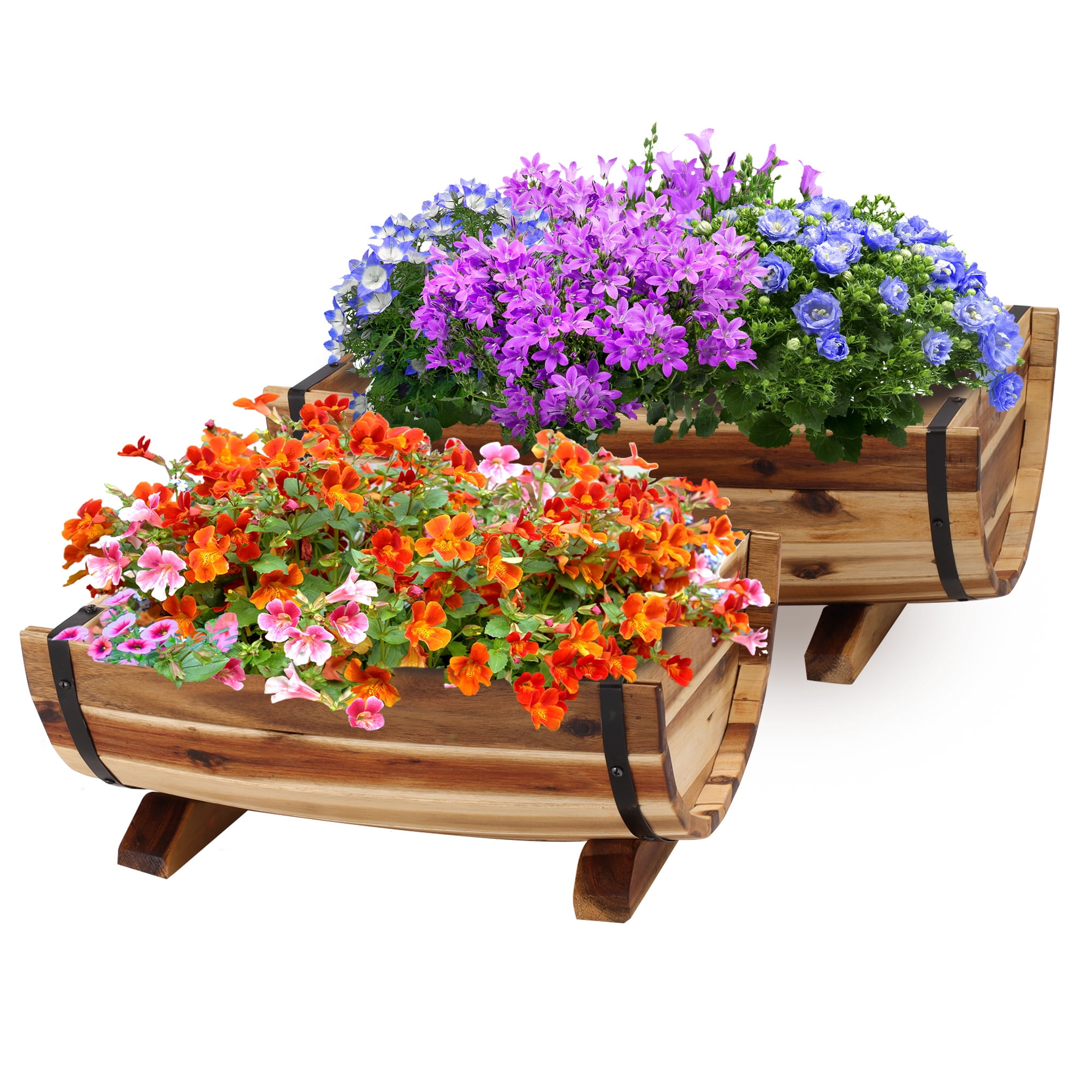 2 Pack - Solid Acacia Wood Half Barrel Planters Outdoor - Different ...