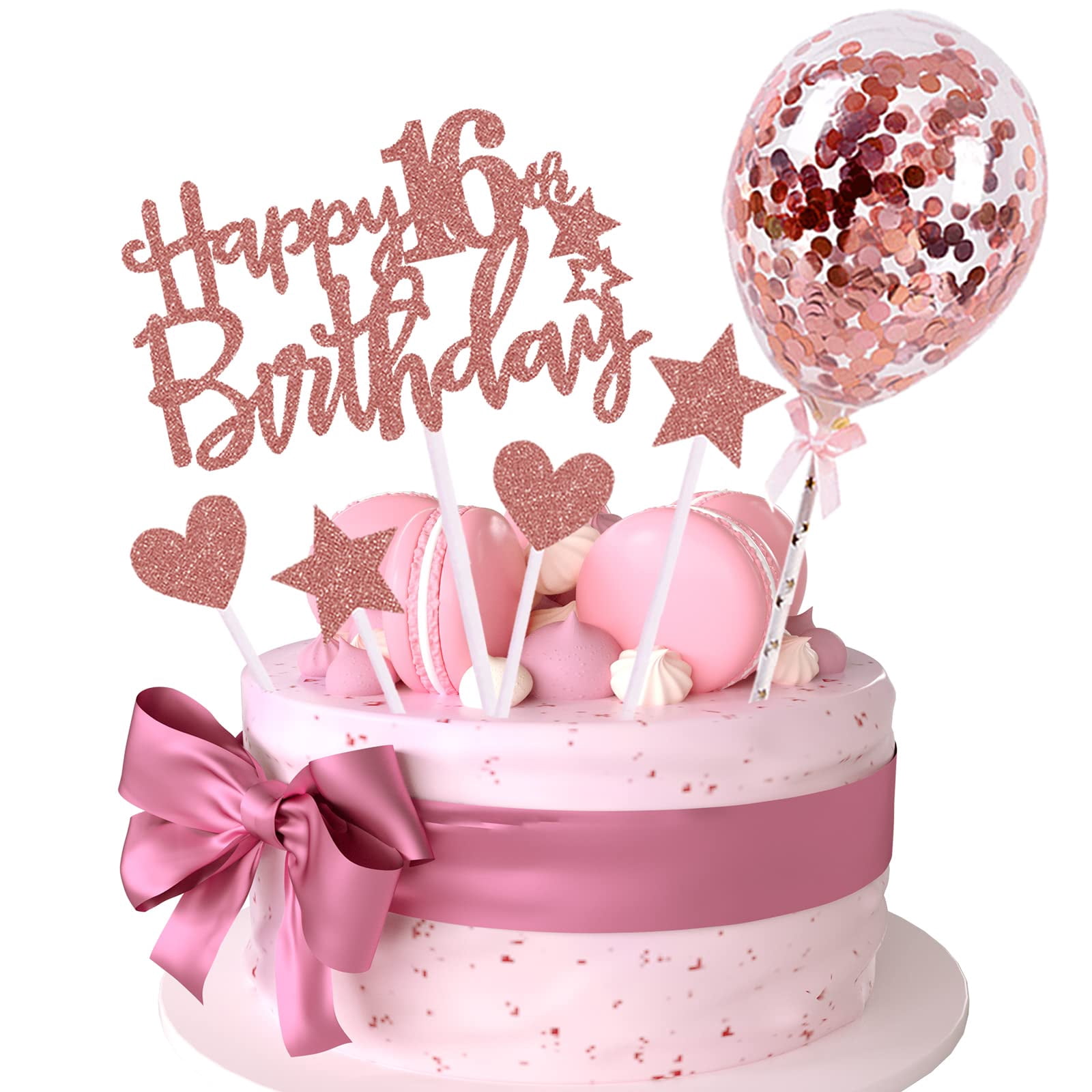 IEALODS 16th Happy Birthday Cake Topper ITL1 with Balloon, Rose Gold ...