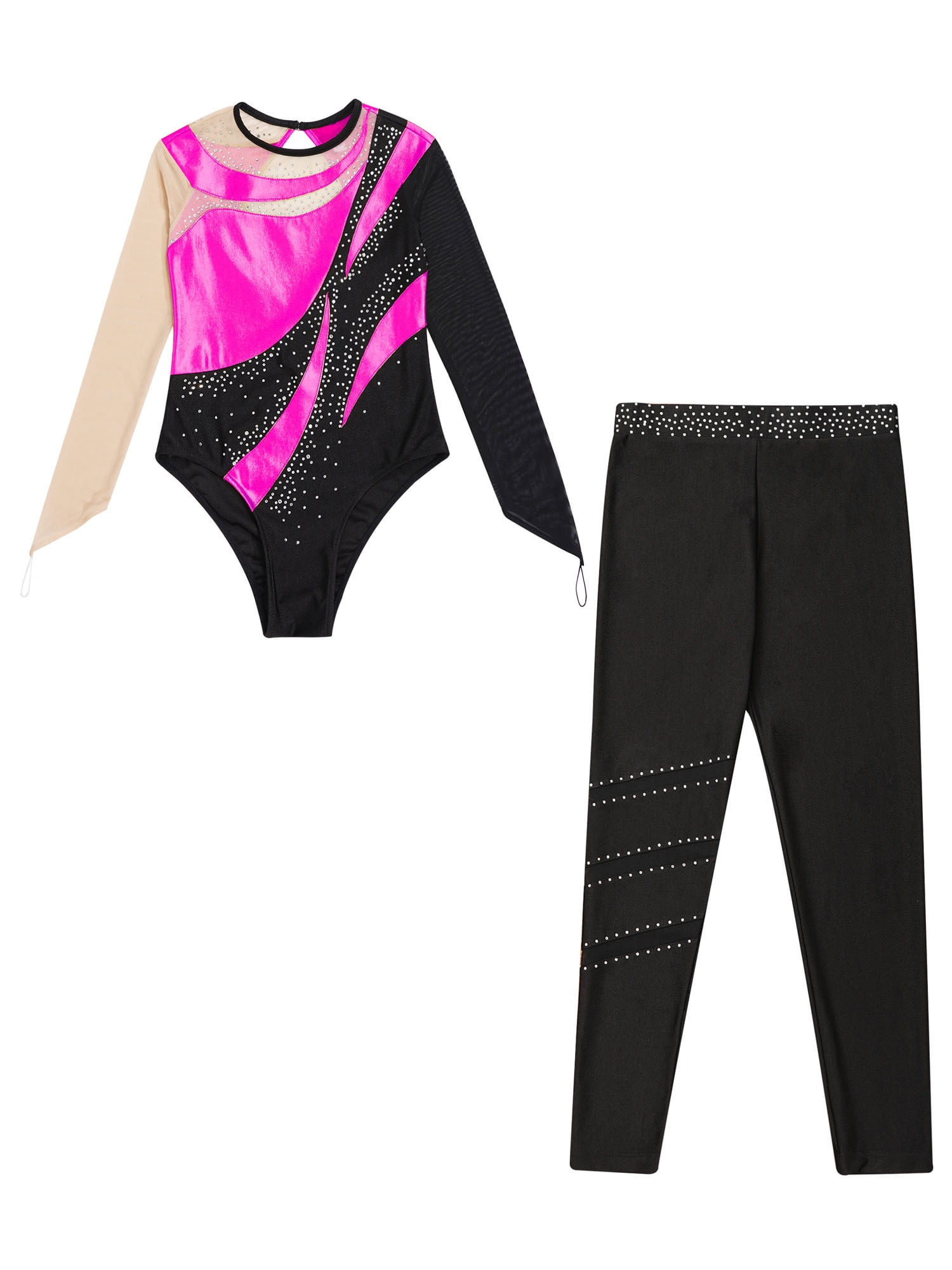 IEFIEL Girls 2Pcs Athletic Fitness Outfit Shiny Metallic Unitard with ...