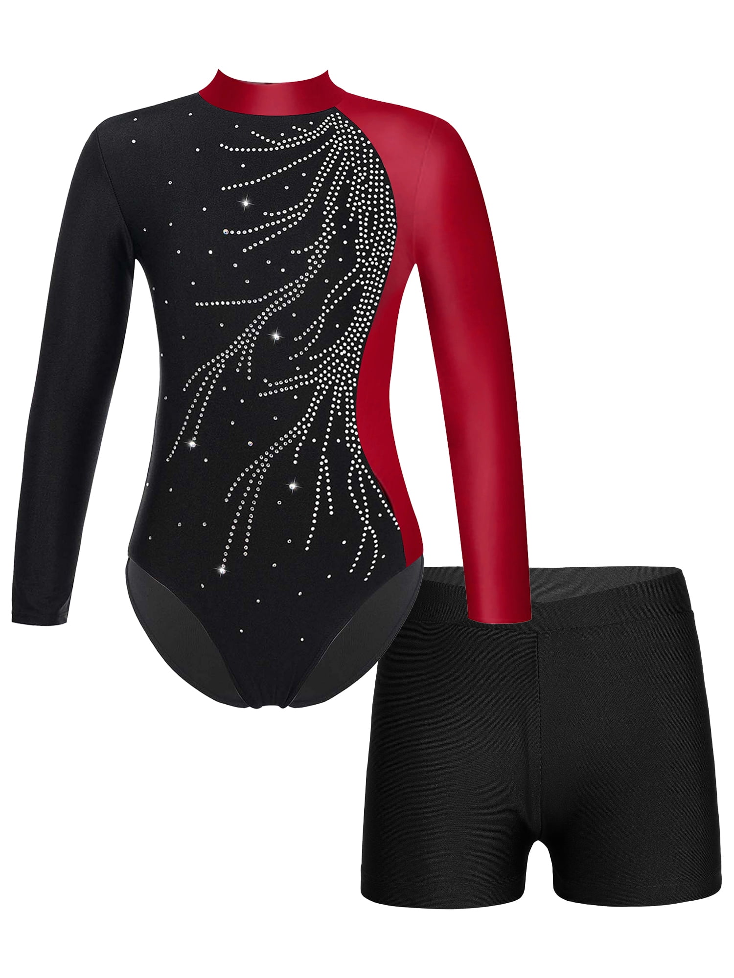 IEFIEL Girls 2Pcs Dance Outfit Long Sleeve Faux Diamonds Gymnastics ...