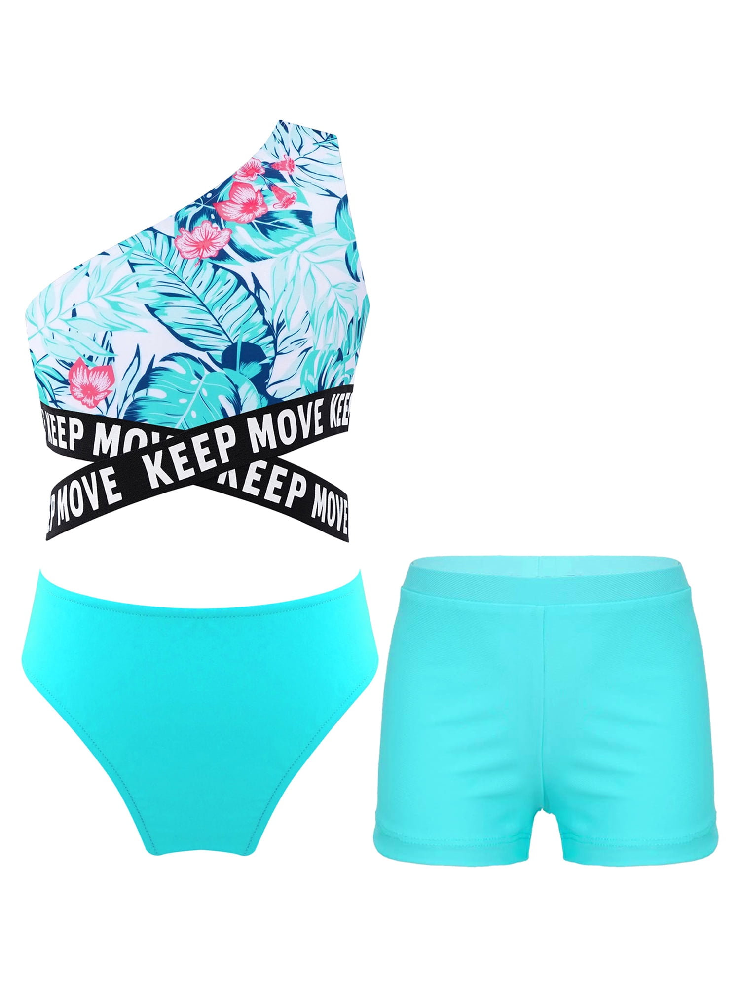 IEFIEL Girls Flowers Print 3Pcs Swimsuit Single Shoulder Strap Swimming ...