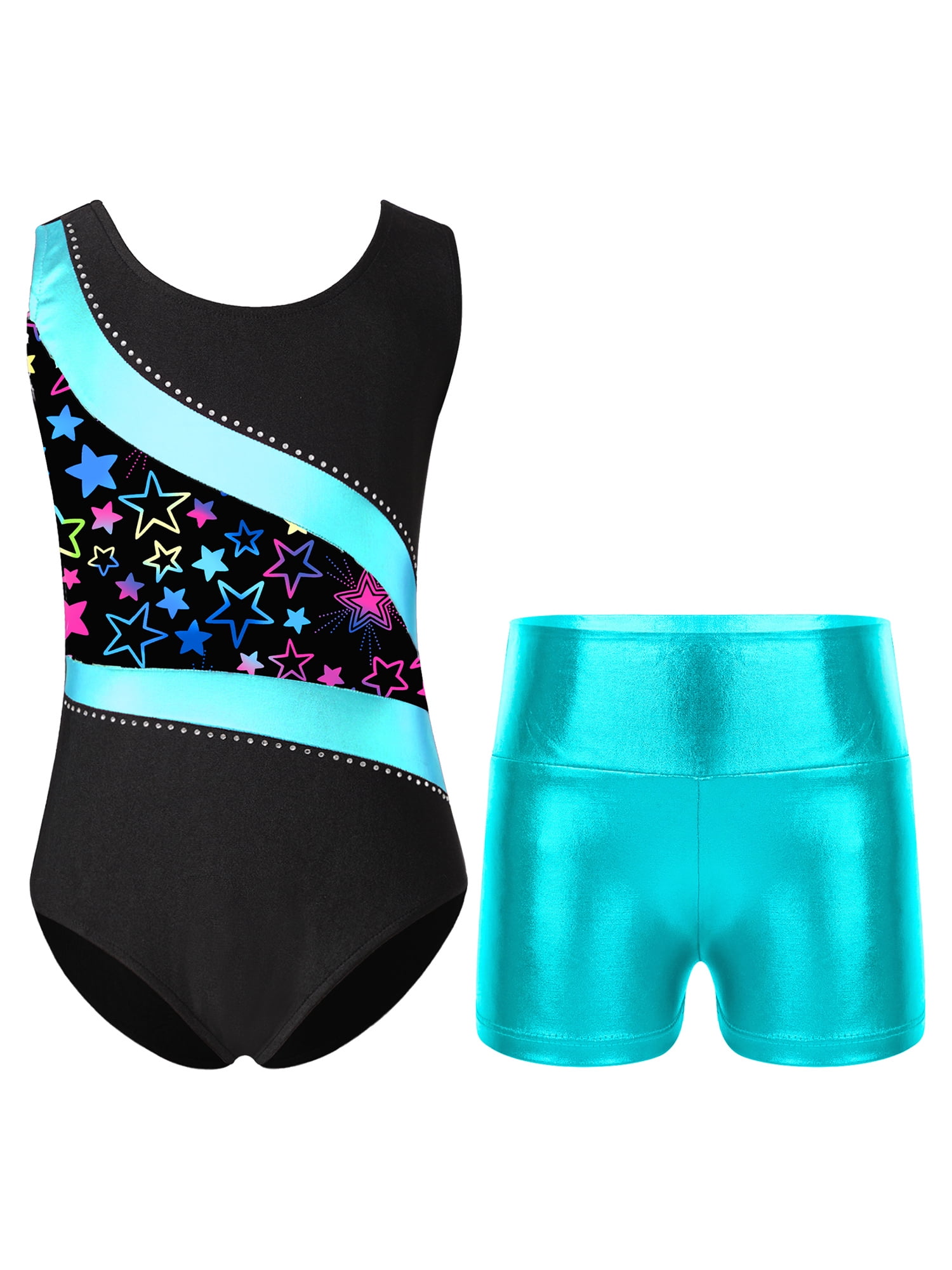 IEFIEL Girls Gym Suit Shiny Rhinestones Tank Leotard with High Waist ...