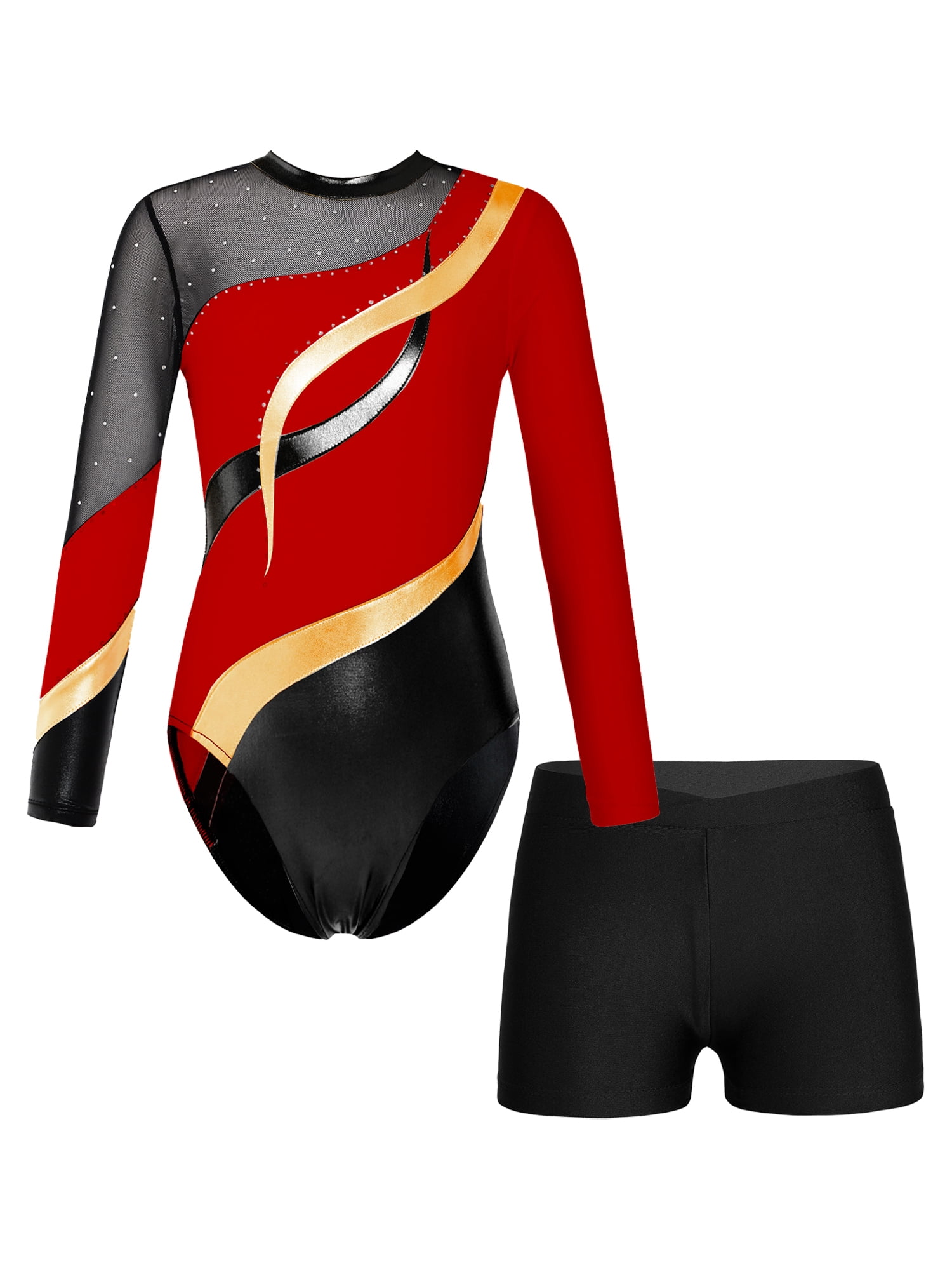Iefiel Girls Gymnastics Suit Shiny Long Sleeve Ballet Leotard Unitard With Shorts Dance Costume