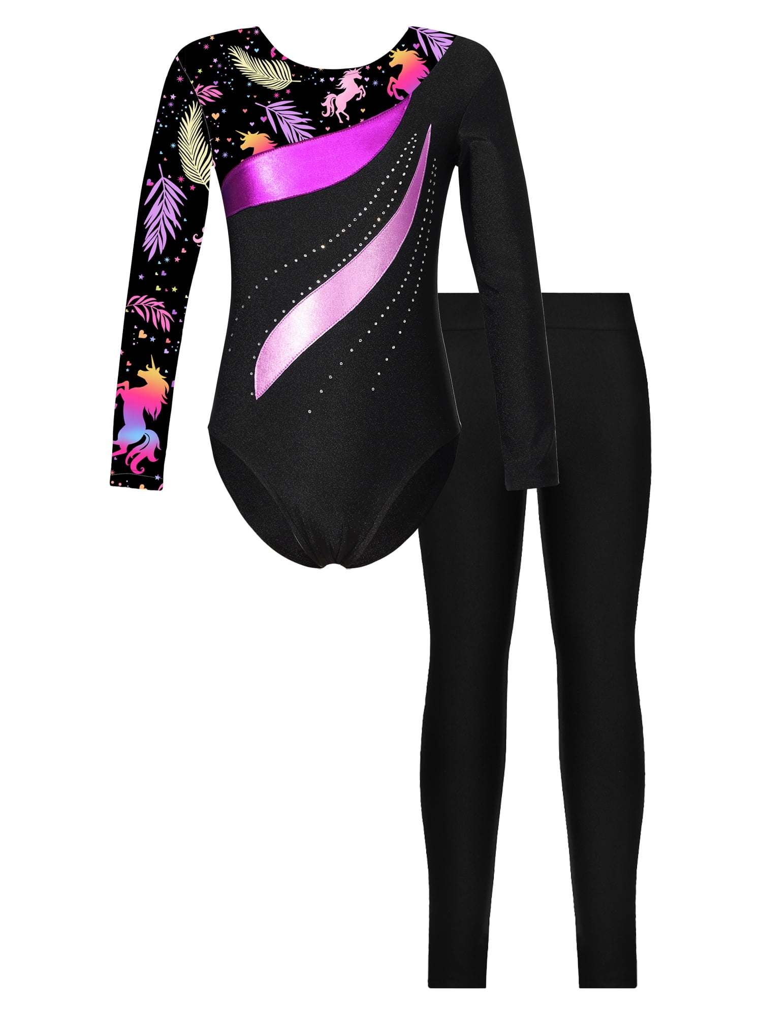 IEFIEL Girls Gymnastics Yoga Suit Long Sleeve Rhinestone Leotard with ...