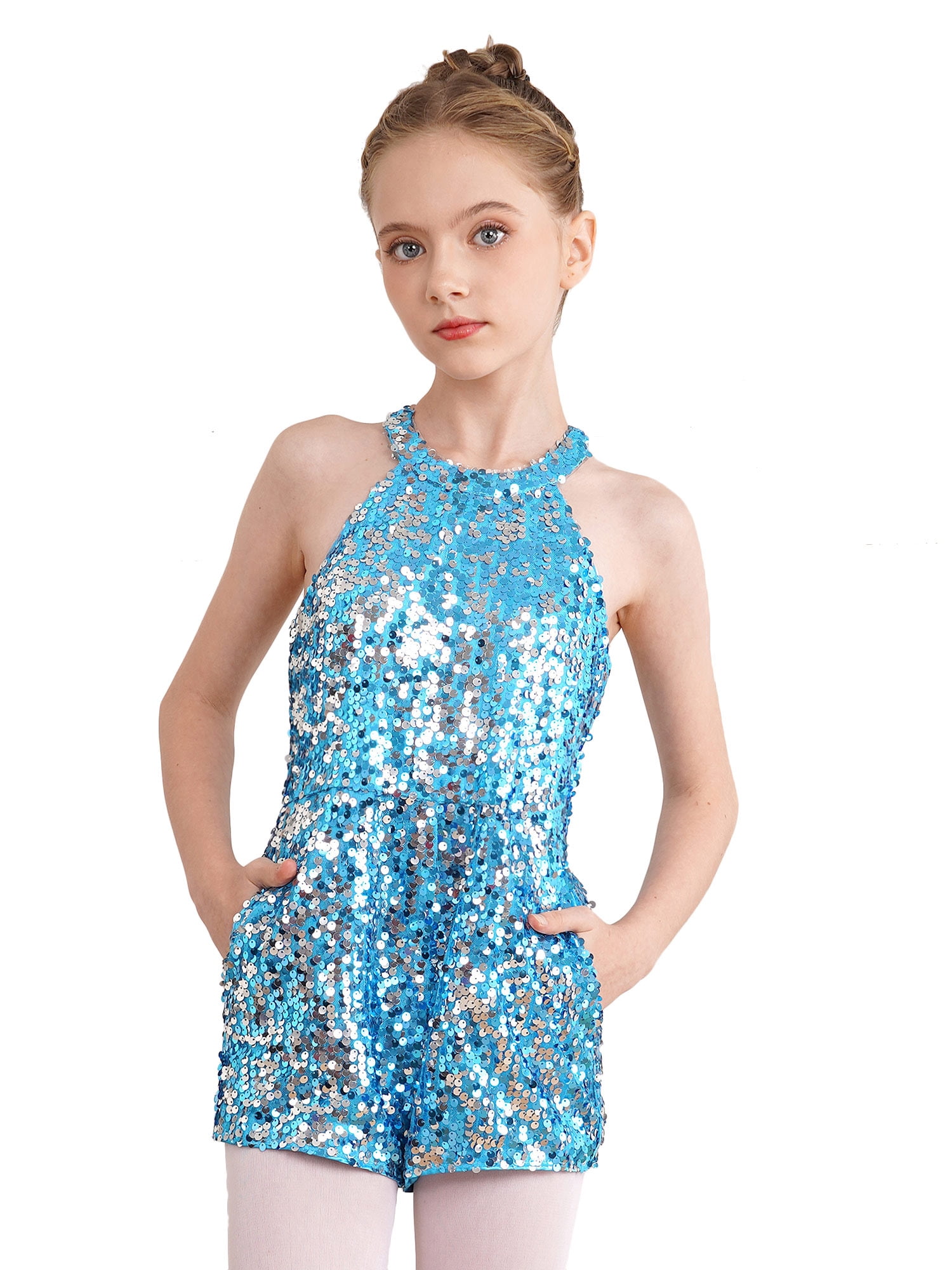 IEFIEL Girls Halter Neck Allover Sequins Romper Sleeveless Jumpsuit ...