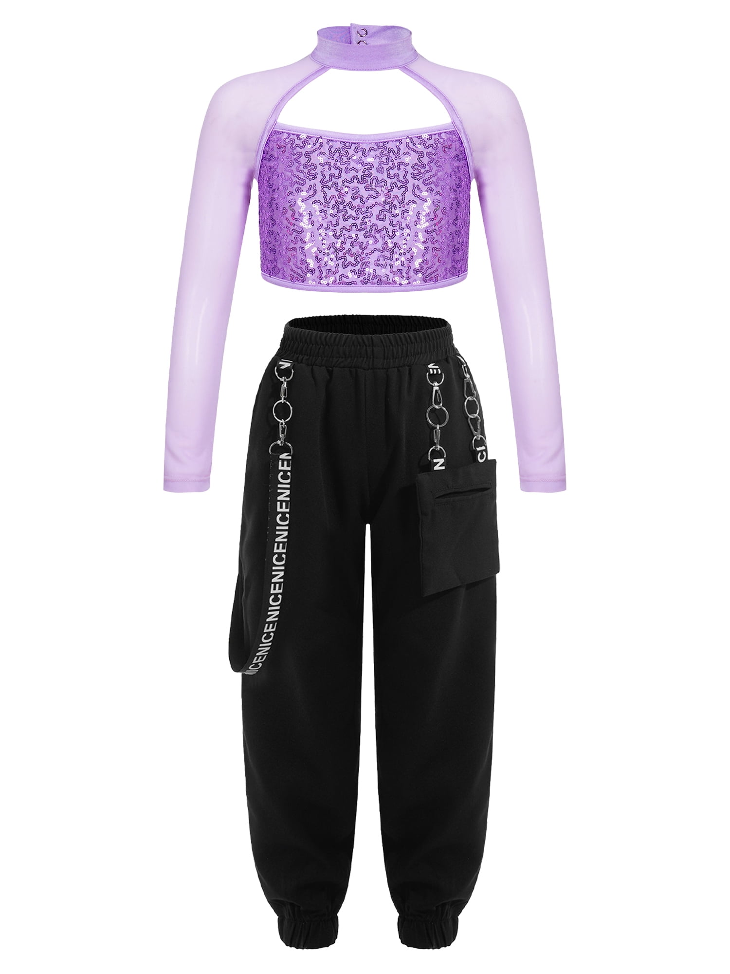 IEFIEL Girls Hip Hop Street Dance Costume Sequins Open Back Crop Top ...
