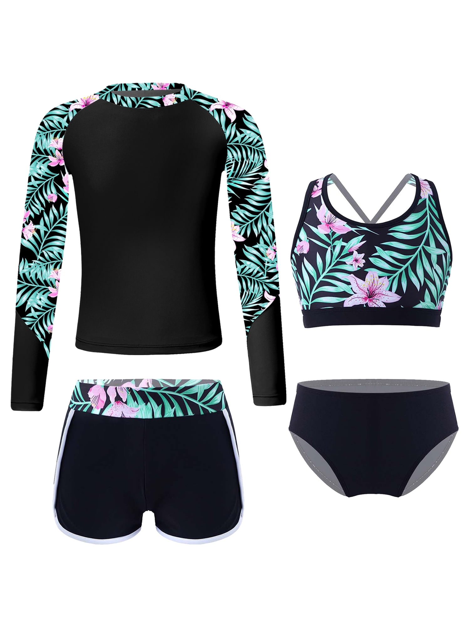 IEFIEL Girls Juniors 4Pcs Swimsuit Long Sleeve Swim Tops with Crop Top ...