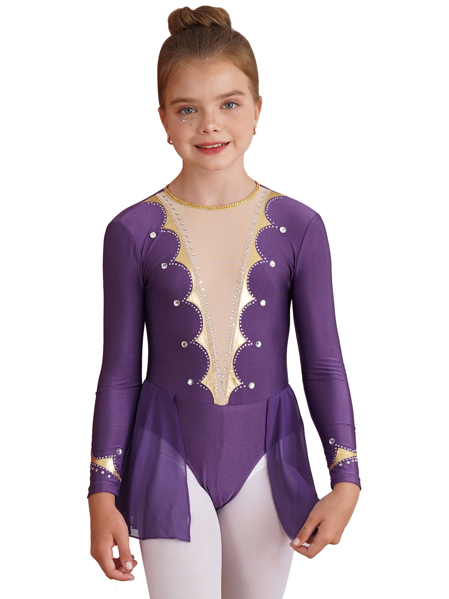 IEFIEL Girls Long Sleeve Shiny Rhinestones Figure Skating Jumpsuit ...