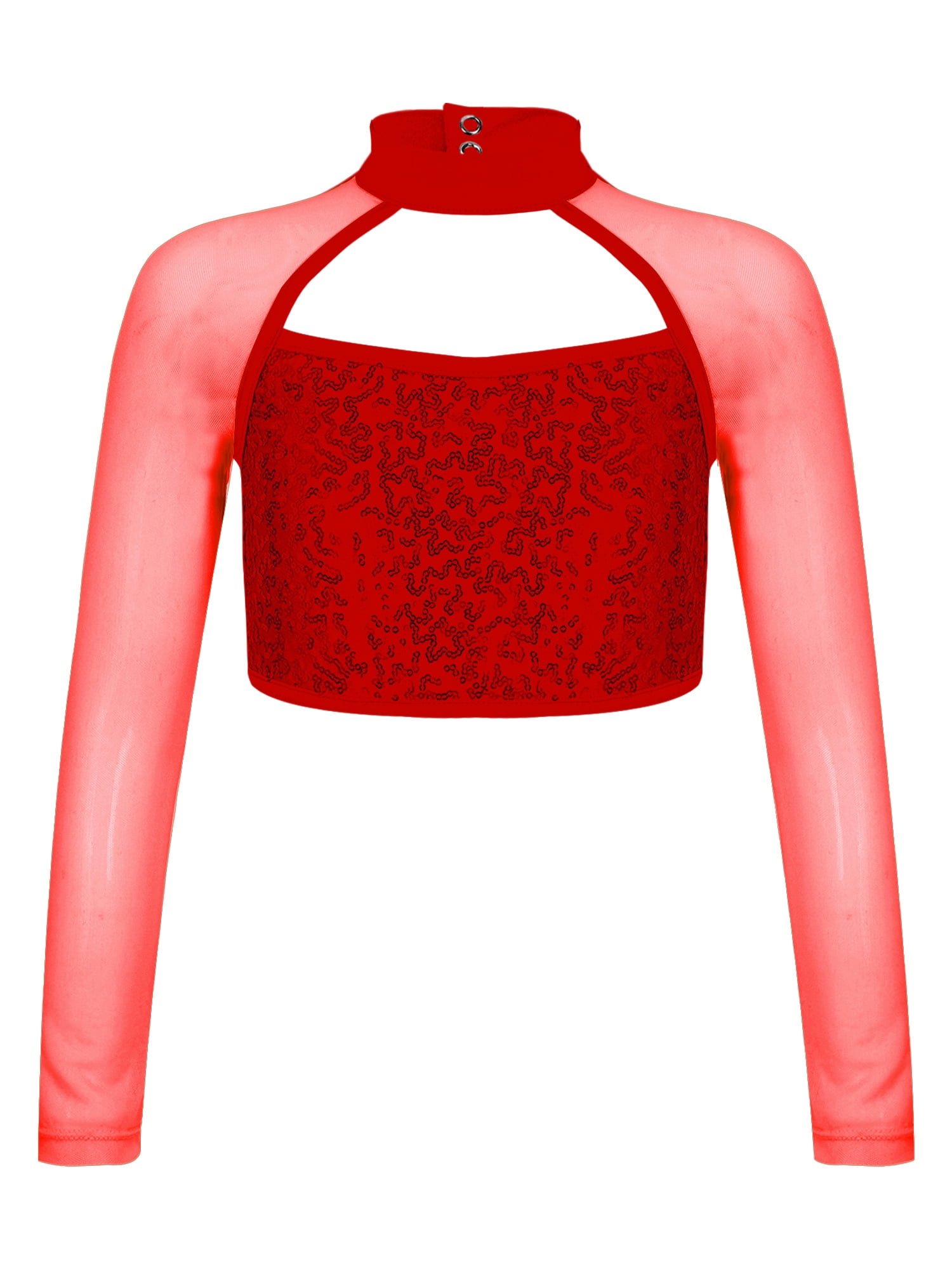 IEFIEL Girls Mesh Long Sleeve Crop Top Hollow Back Glittery Sequins T ...