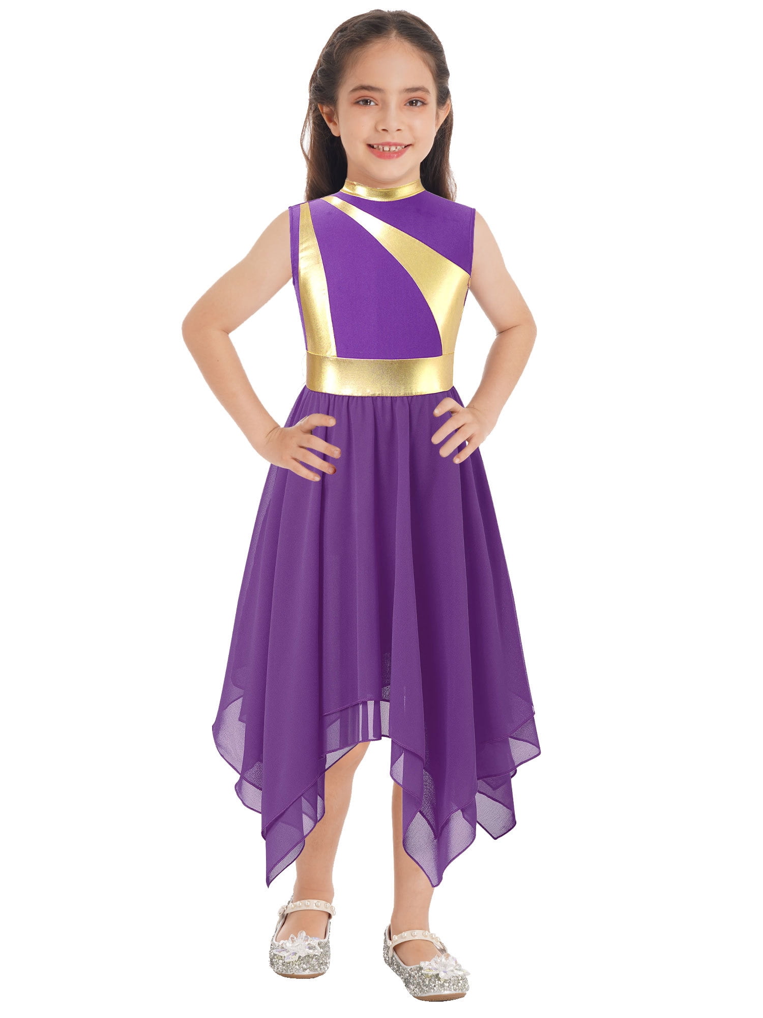 IEFIEL Girls Metallic Praise Dance Dress Chiffon Bronzing Cloth ...