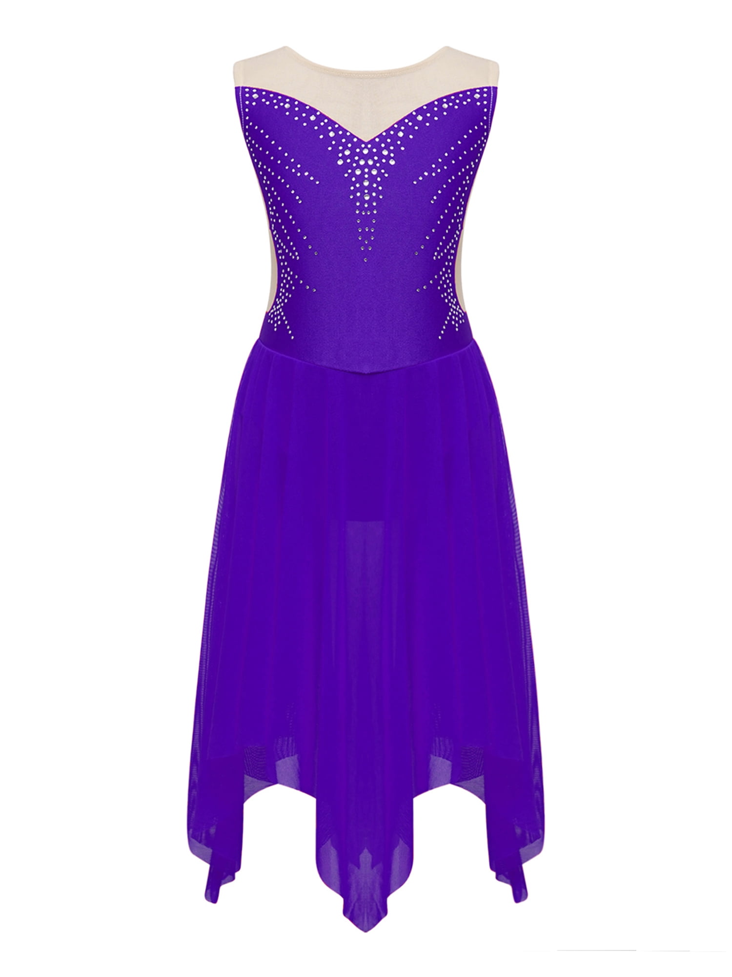 IEFIEL Girls Rhinestone Lyrical Dance Dress Sleeveless Irregular Hem ...