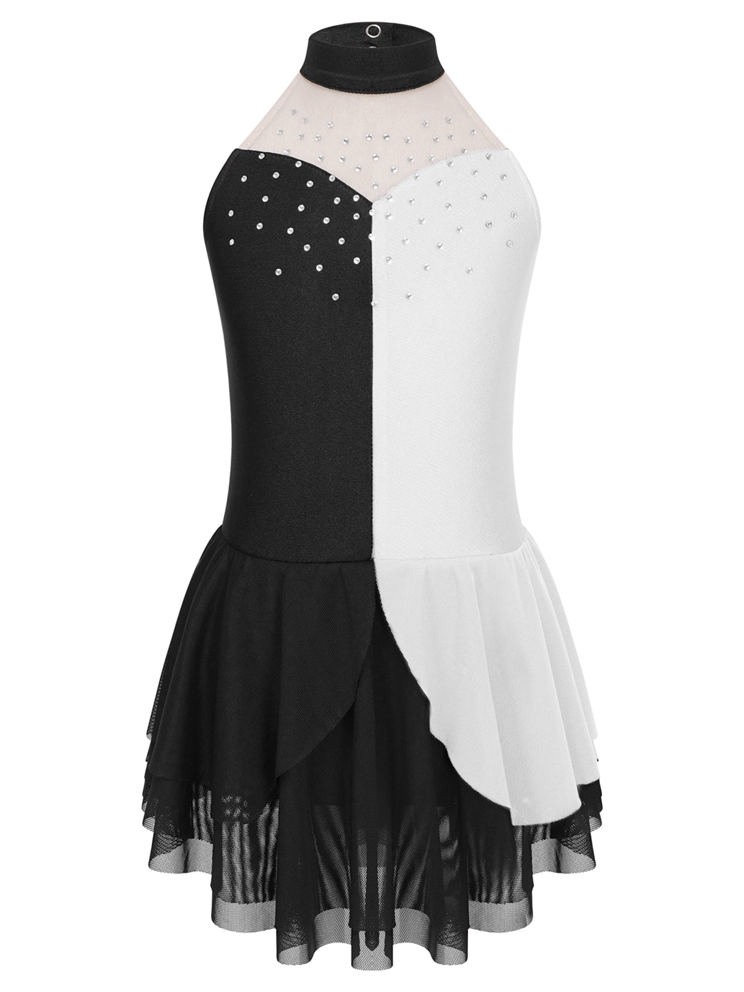 IEFIEL Girls Sequins Contrast Color Backless Figure Skating Dance Dress Shiny Rhinestones ...