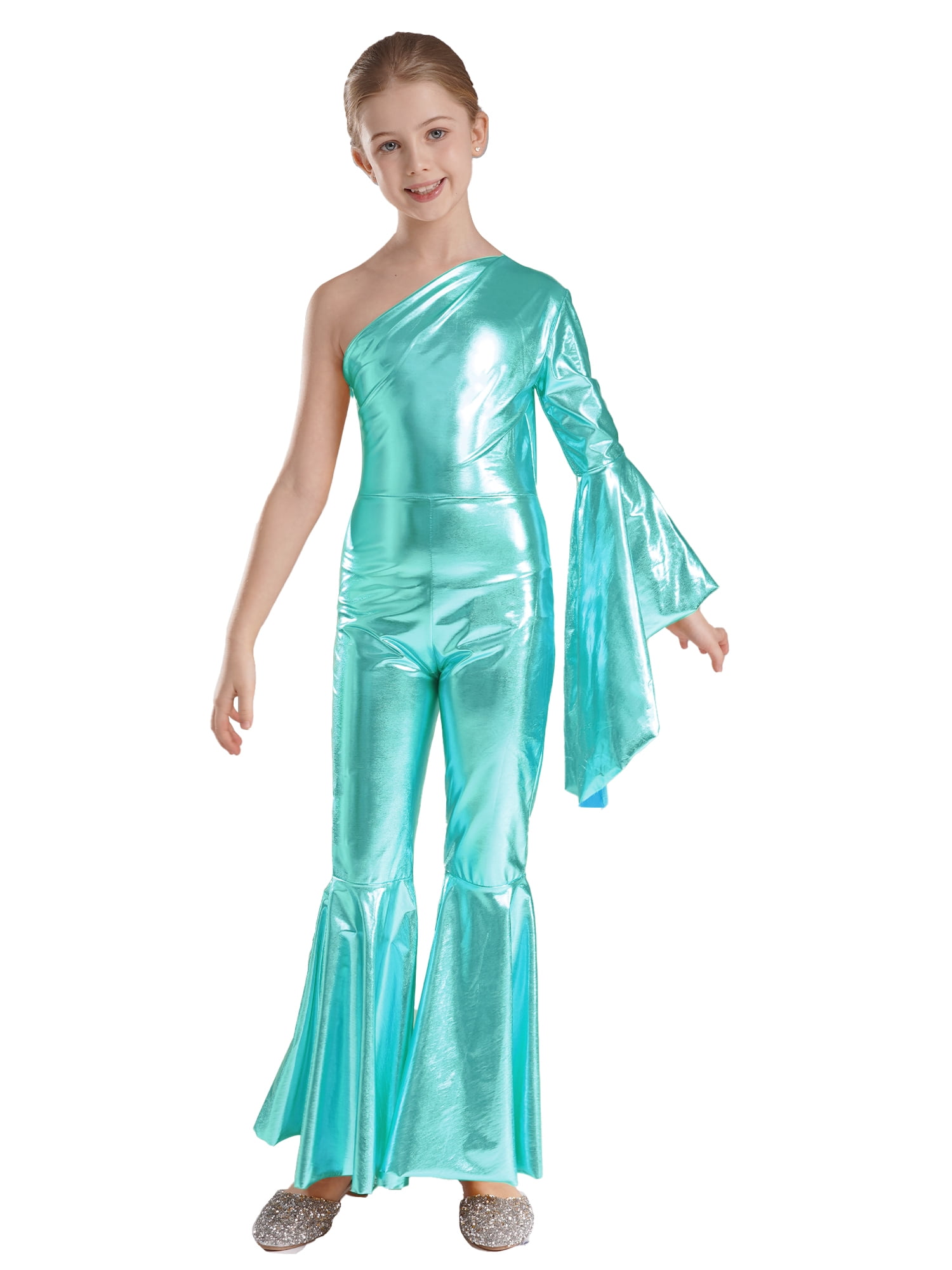 IEFIEL Girls Shiny Metallic Bell-Bottom Dance Jumpsuit One Shoulder ...