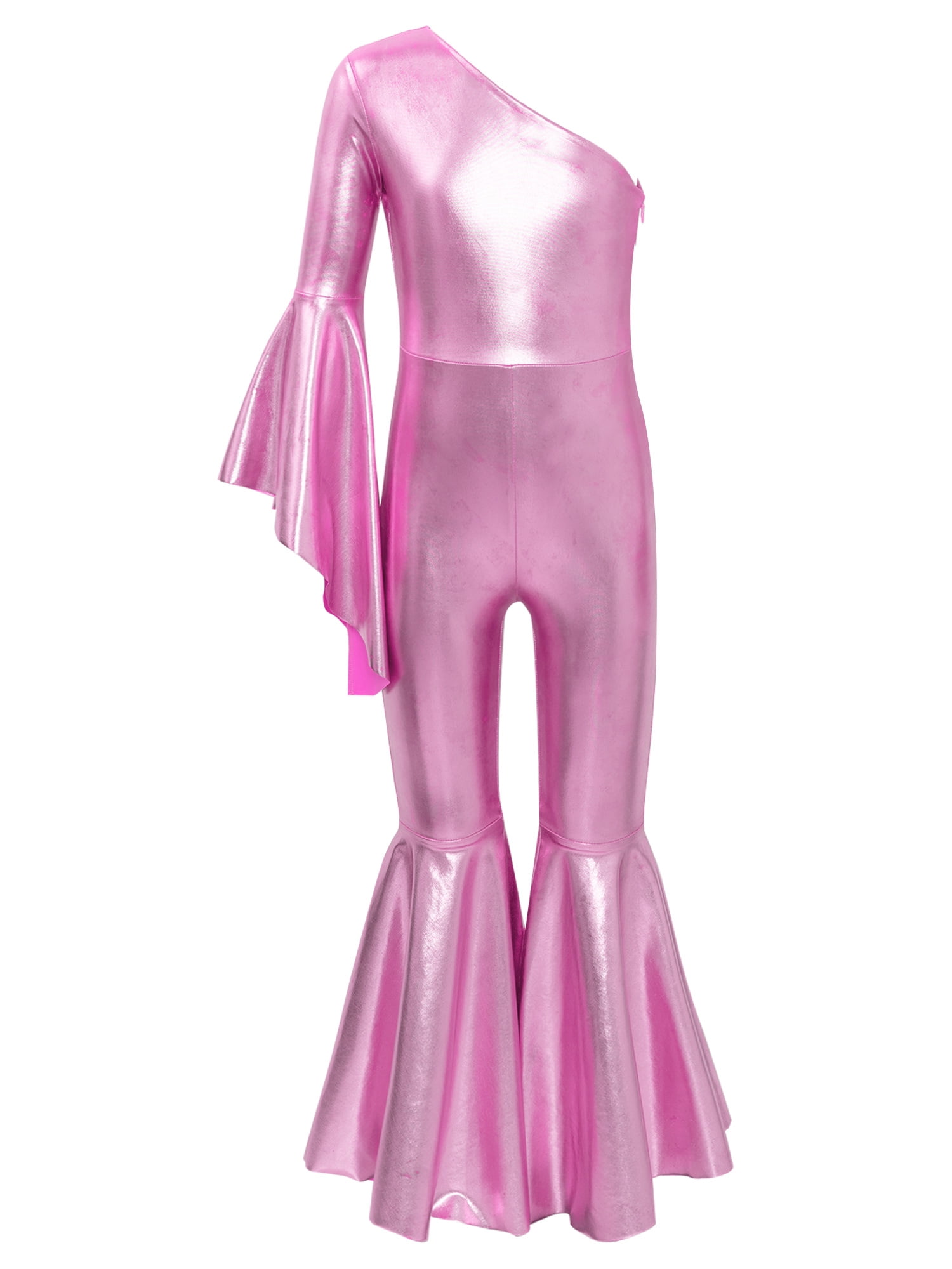 IEFIEL Girls Shiny Metallic Bell-Bottom Dance Jumpsuit One Shoulder ...