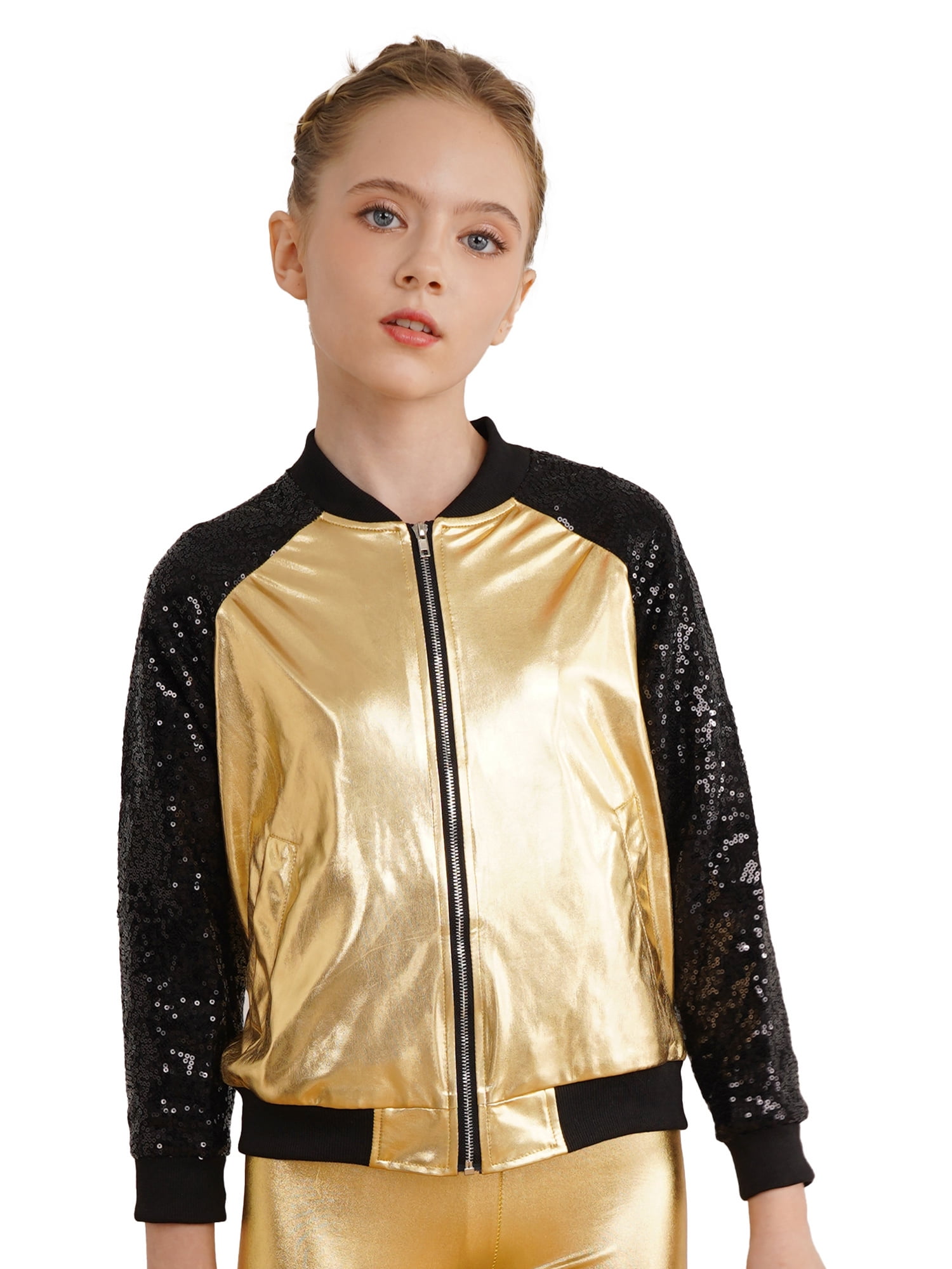 IEFIEL Girls Shiny Metallic Jacket Outerwear Long Sleeve Sequins Coat ...