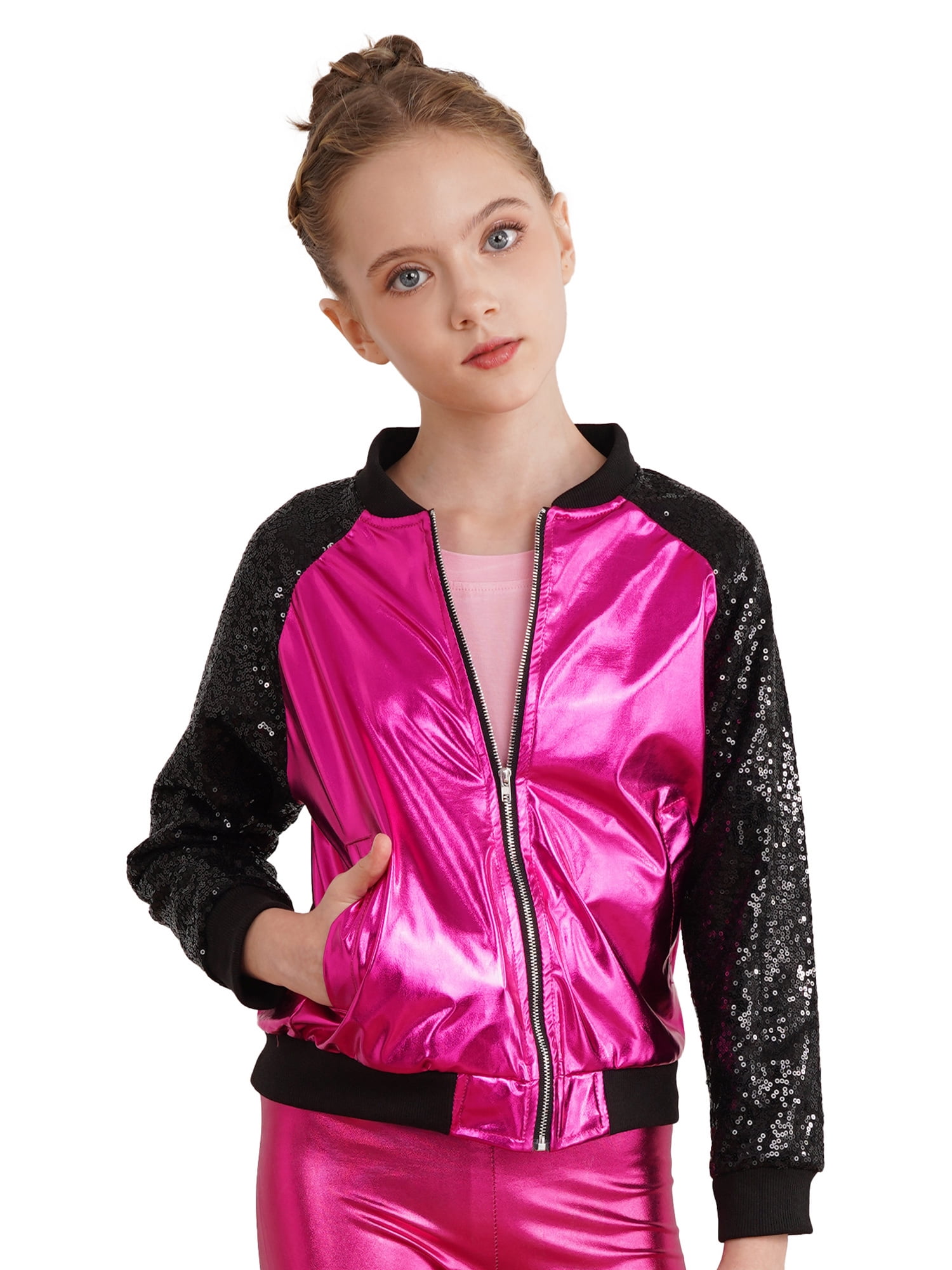 IEFIEL Girls Shiny Metallic Jacket Outerwear Long Sleeve Sequins Coat ...
