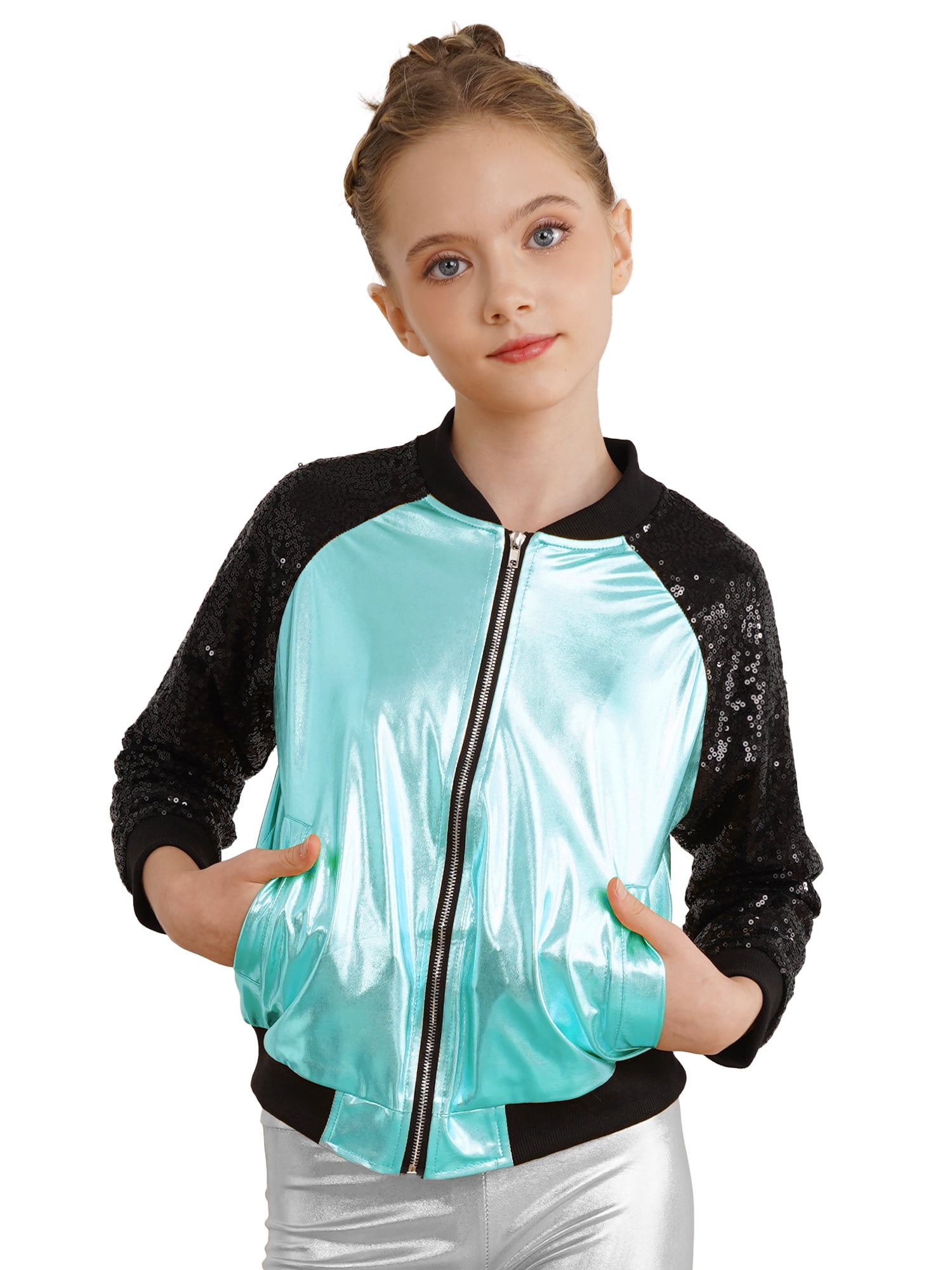 IEFIEL Girls Shiny Metallic Jacket Outerwear Long Sleeve Sequins Coat ...