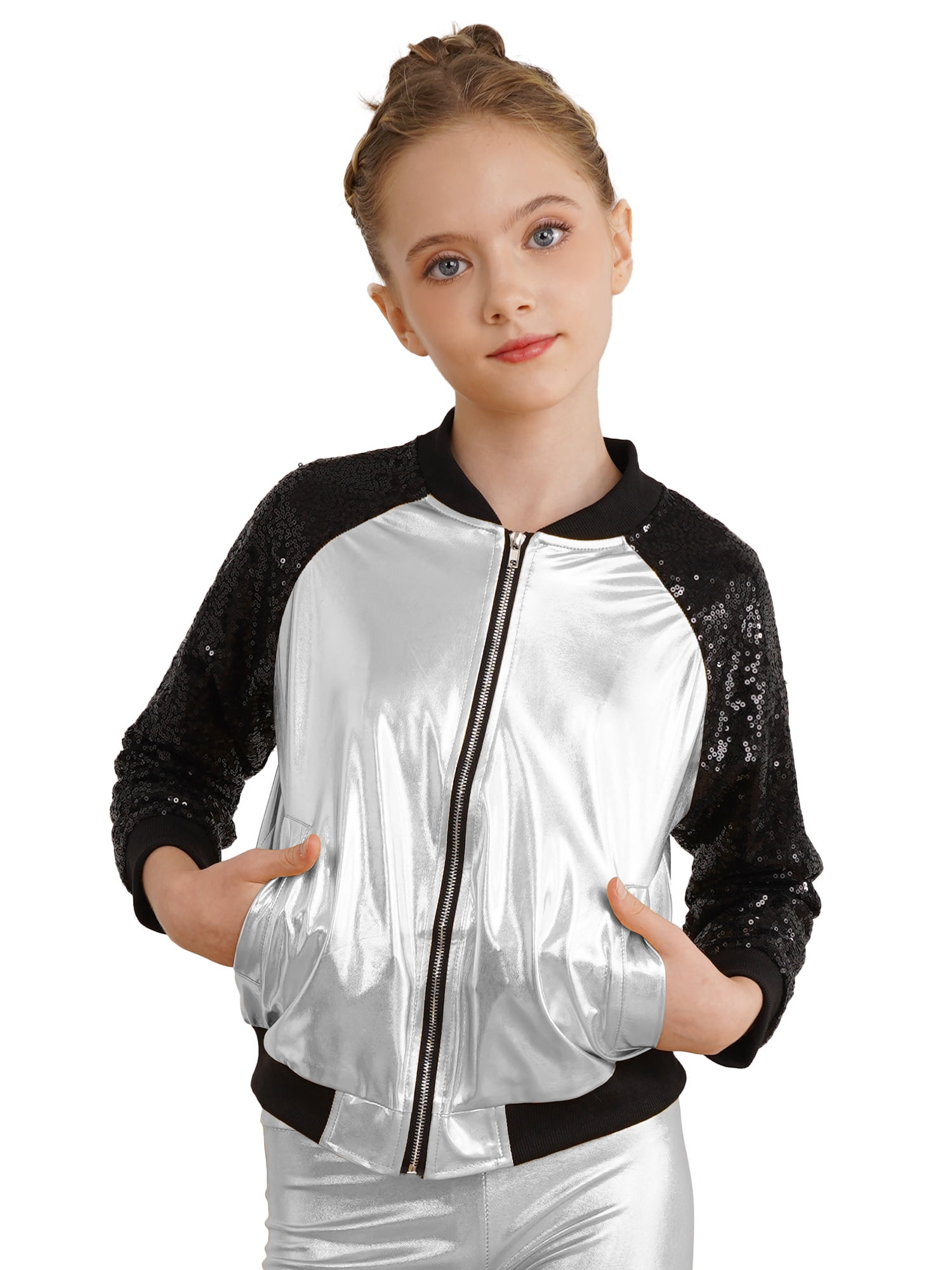 IEFIEL Girls Shiny Metallic Jacket Outerwear Long Sleeve Sequins Coat ...