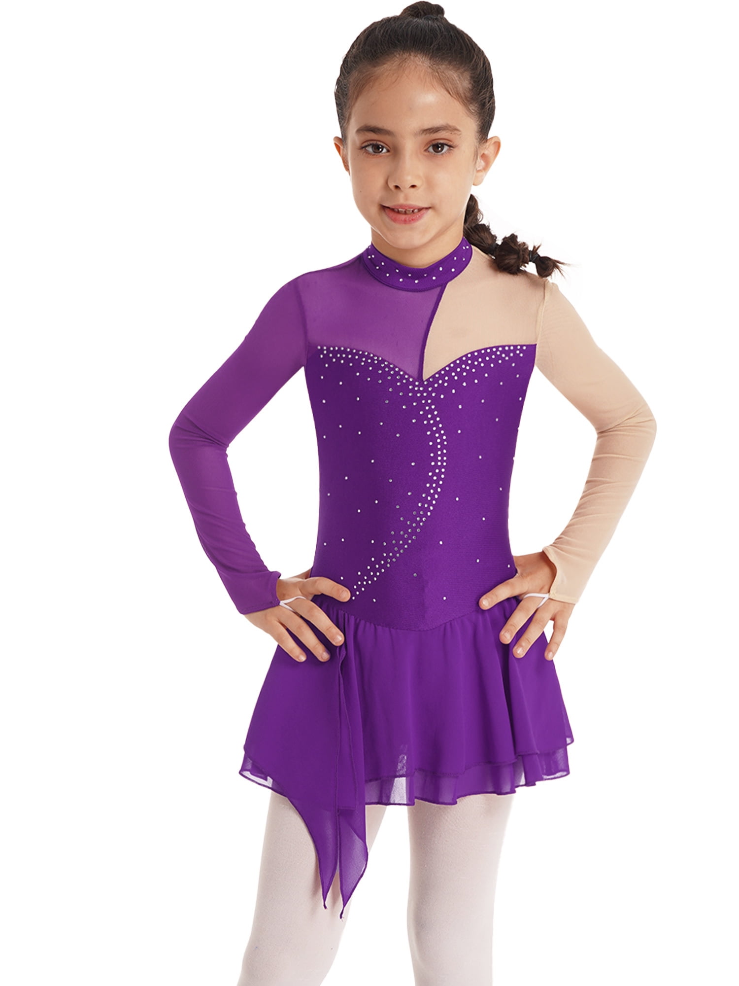 IEFIEL Girls Shiny Rhinestone Figure Skating Dress Long Sleeve Ballet ...