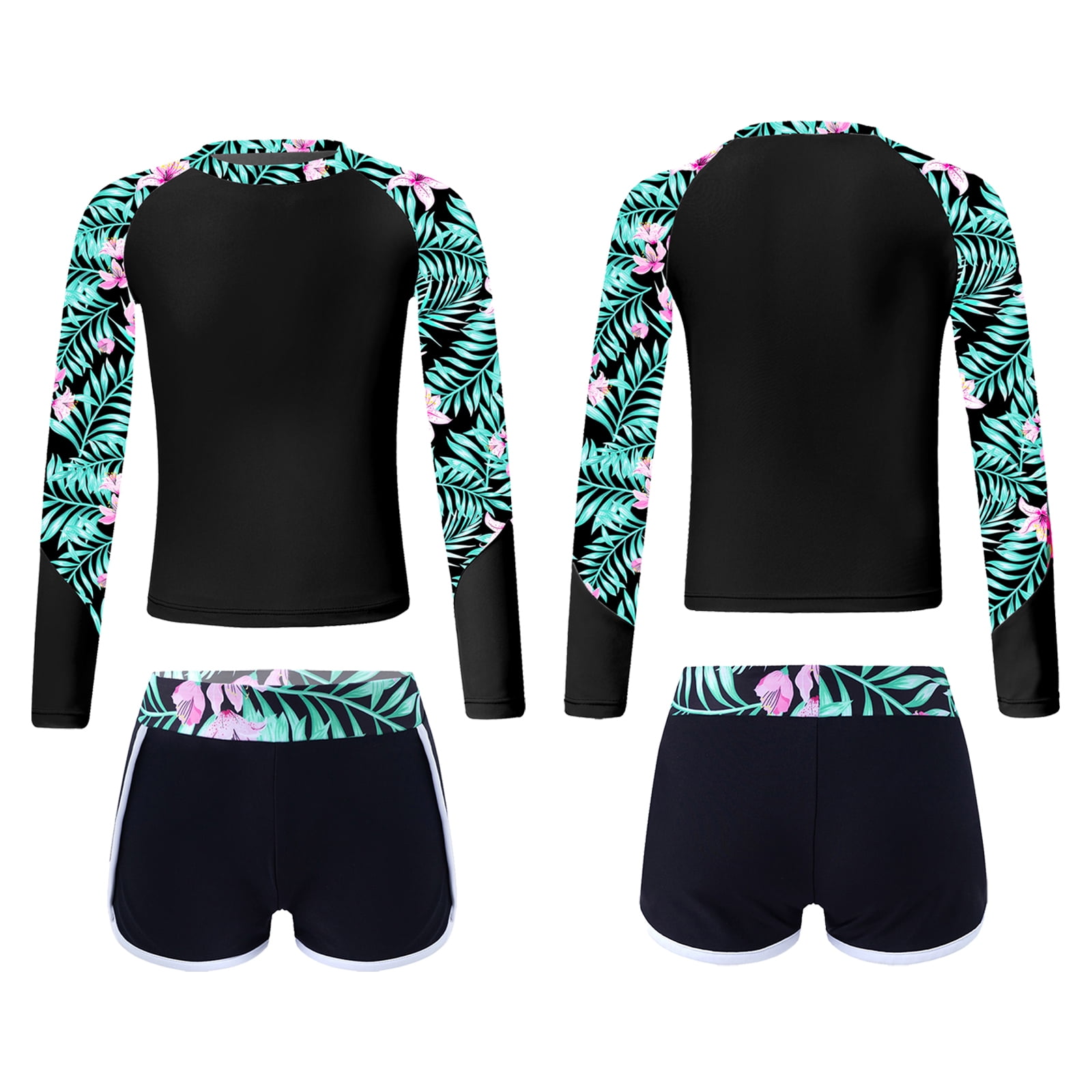 IEFIEL Girls Swim Shirt Tops with Wide Waistband Shorts Rash Guard Set ...