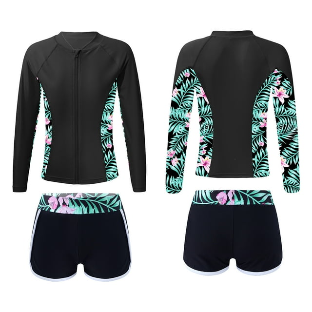 IEFIEL Girls Swim Shirt Tops with Wide Waistband Shorts Rash Guard Set ...