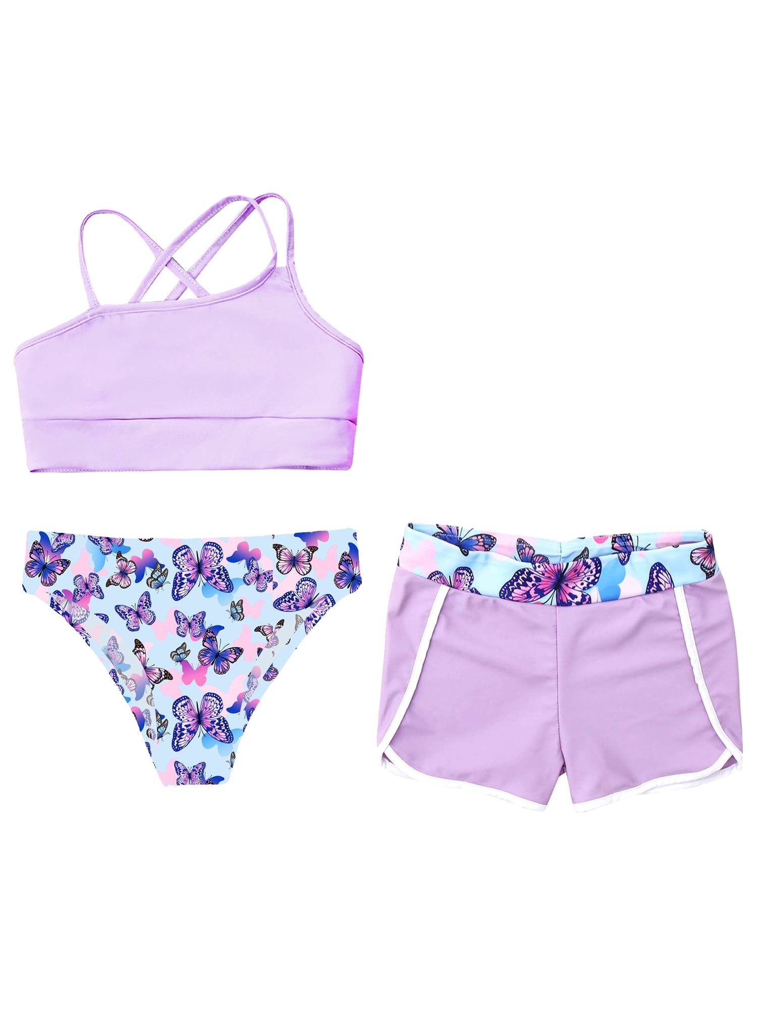 IEFIEL Kids Girls 3-Piece Swimsuit Asymmetrical Spaghetti Straps Tops ...