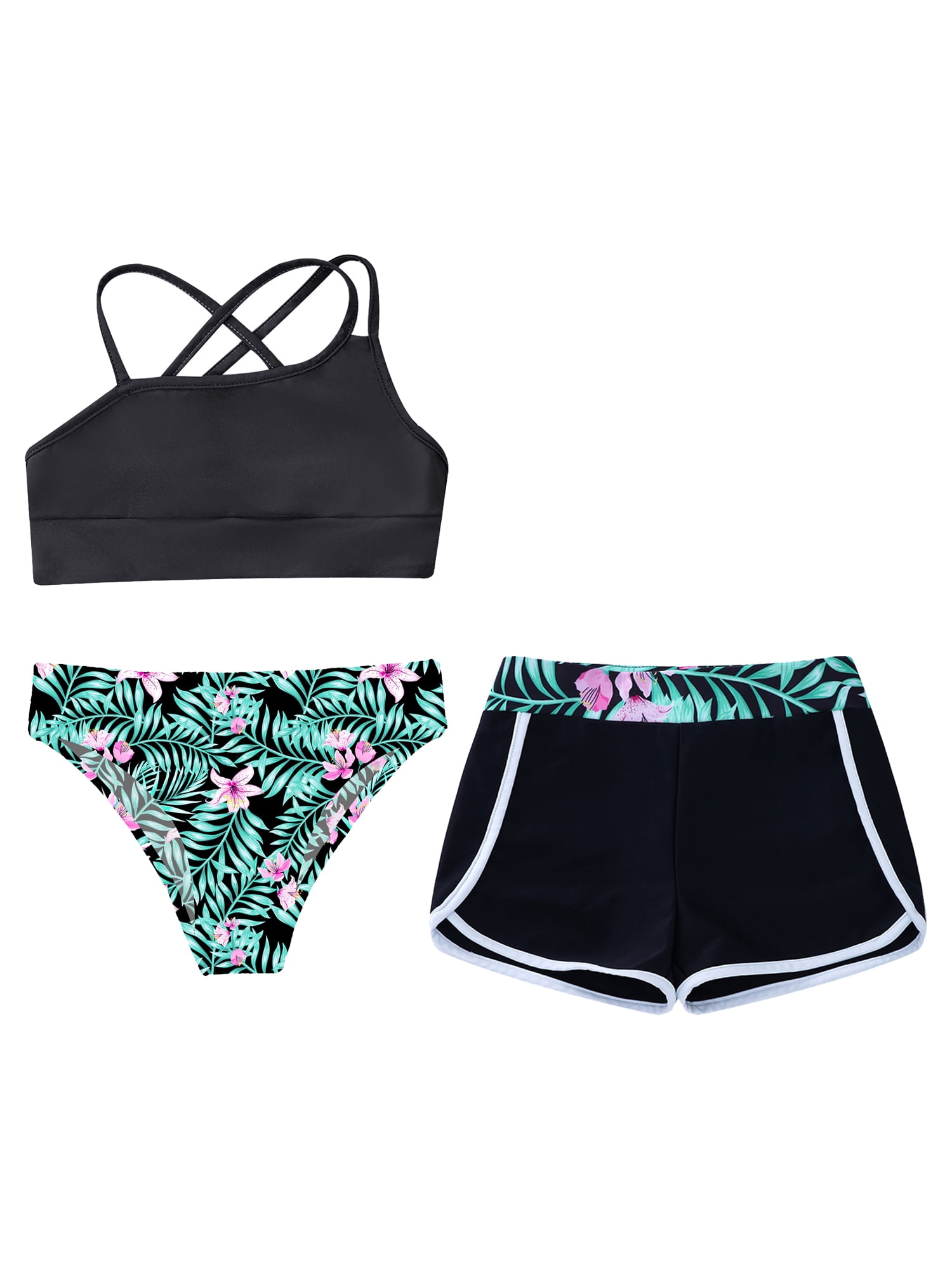 IEFIEL Kids Girls 3-Piece Swimsuit Asymmetrical Spaghetti Straps Tops ...