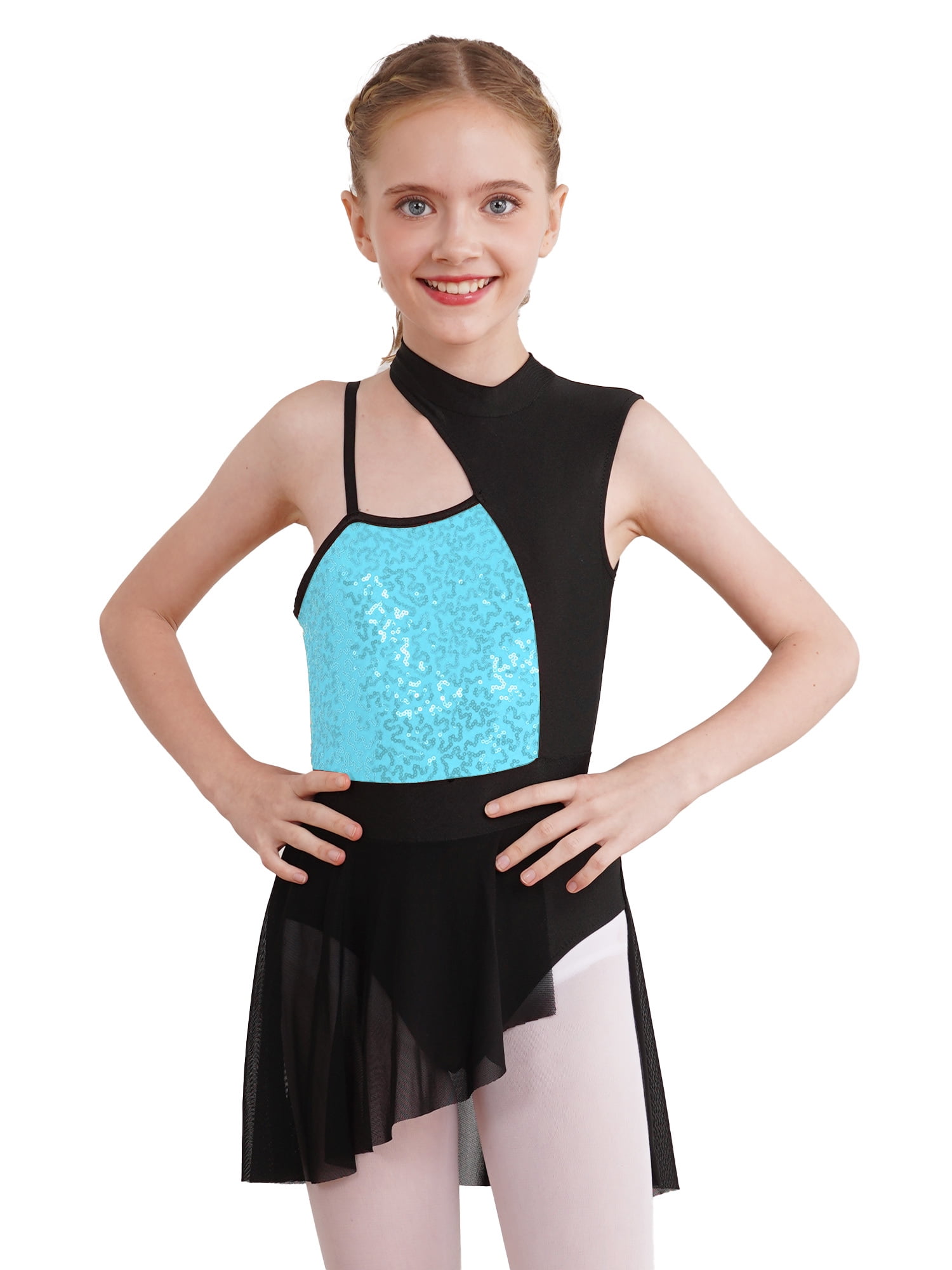 IEFIEL Kids Girls Asymmetrical Shoulder Modern Lyrical Leotard Dress ...
