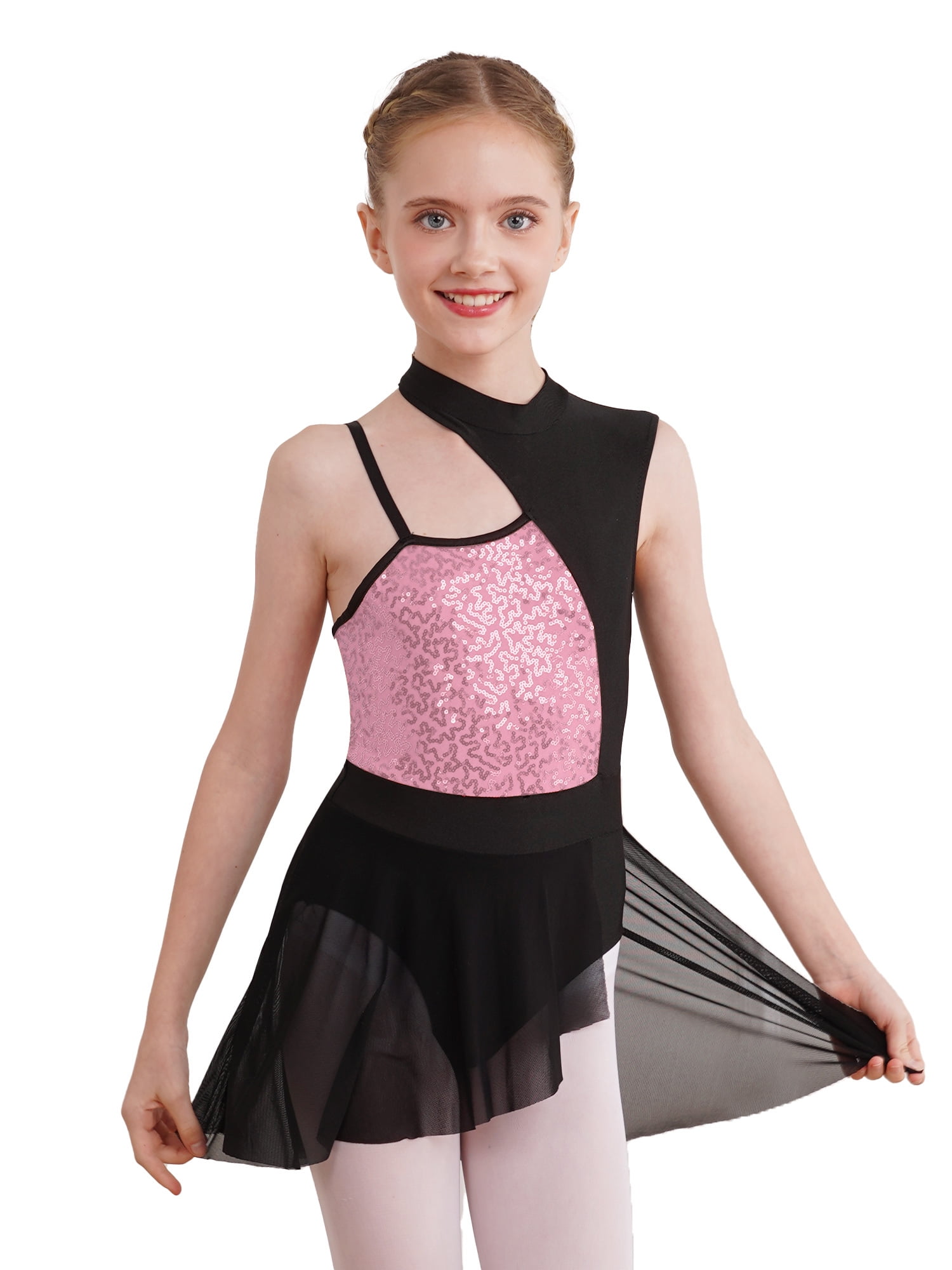 IEFIEL Kids Girls Asymmetrical Shoulder Modern Lyrical Leotard Dress ...