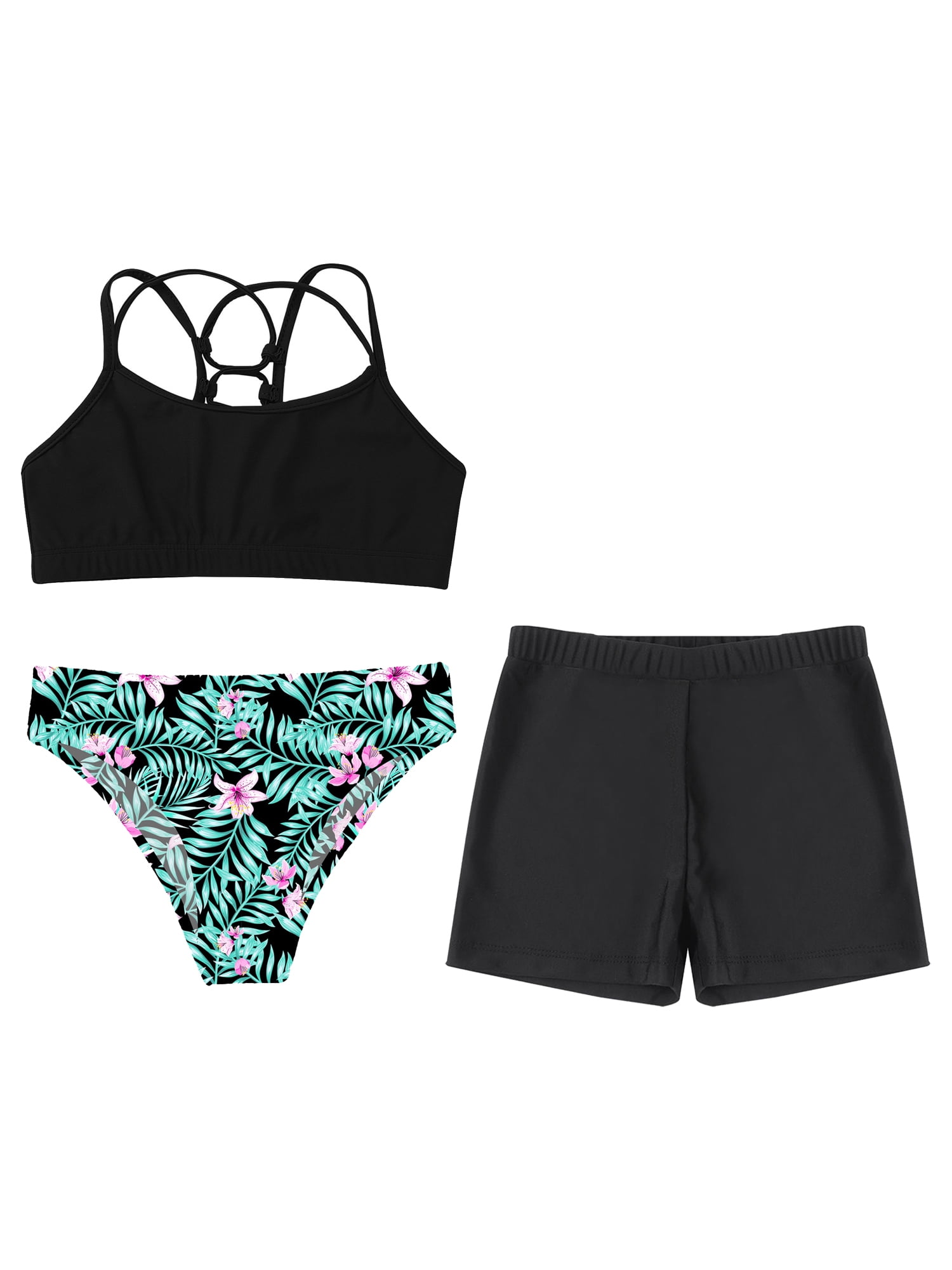 IEFIEL Kids Girls Bikinis Three Pieces Swimsuit Strappy Back Crop Top ...