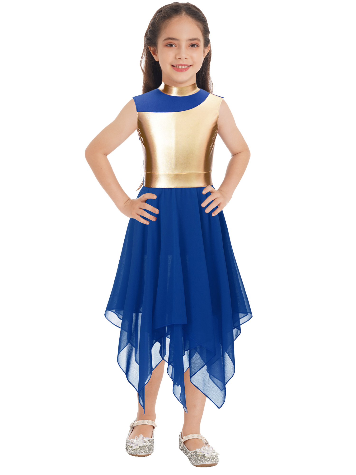 IEFIEL Kids Girls Bronzing Loose Fit Church Liturgical Dress Metallic ...