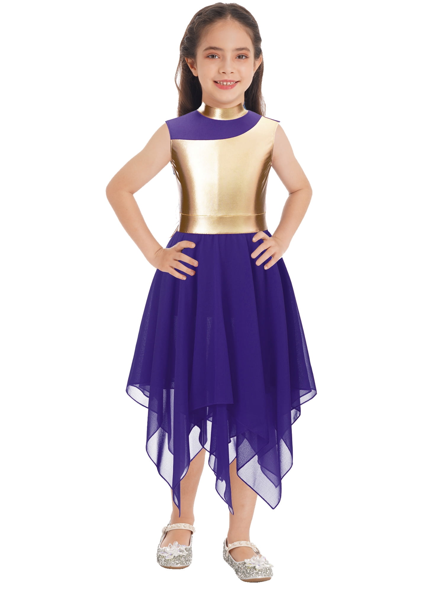 IEFIEL Kids Girls Bronzing Loose Fit Church Liturgical Dress Metallic ...