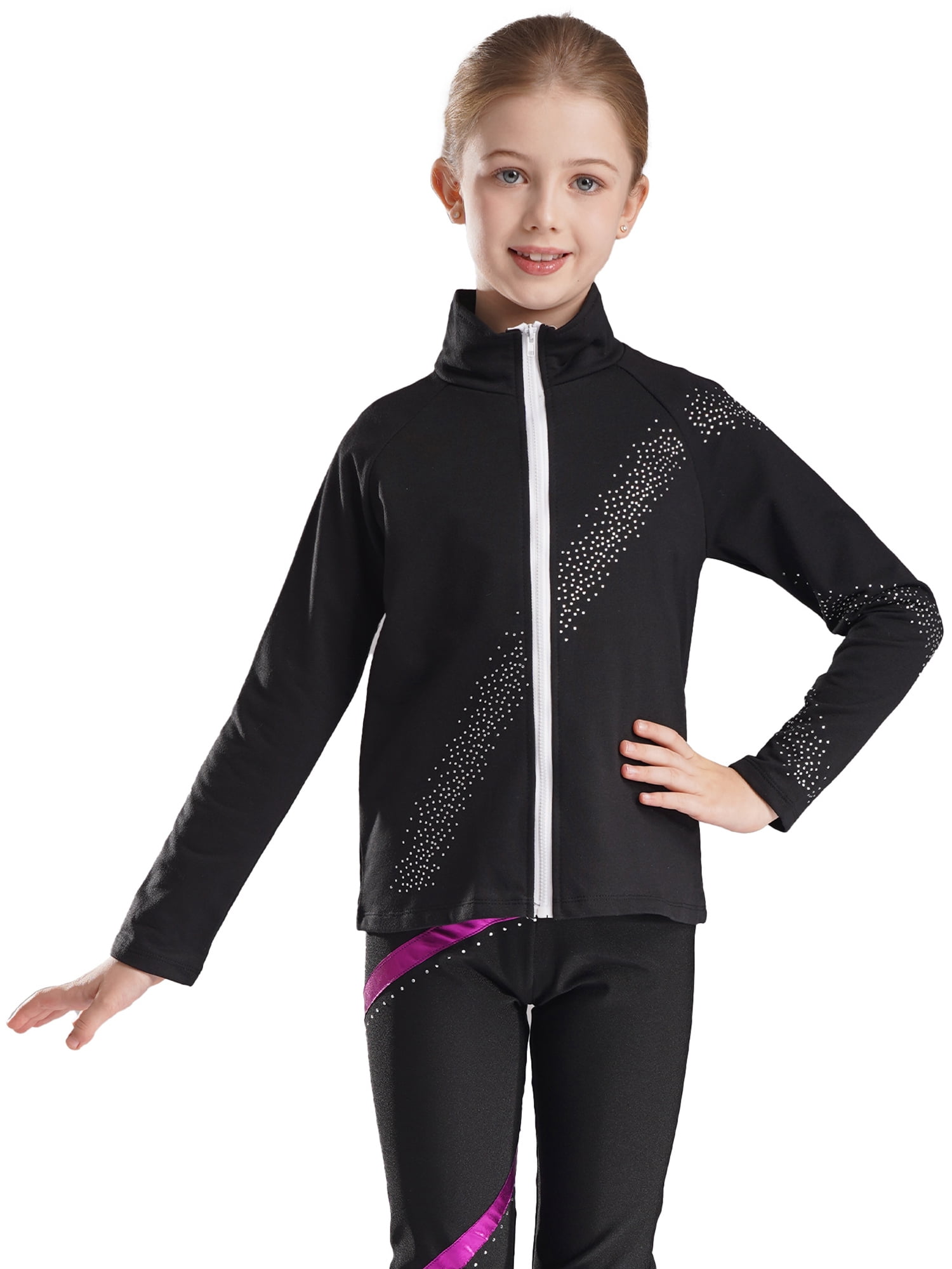 IEFIEL Kids Girls Figure Ice Skating Jacket Shiny Rhinestone Zip Up ...