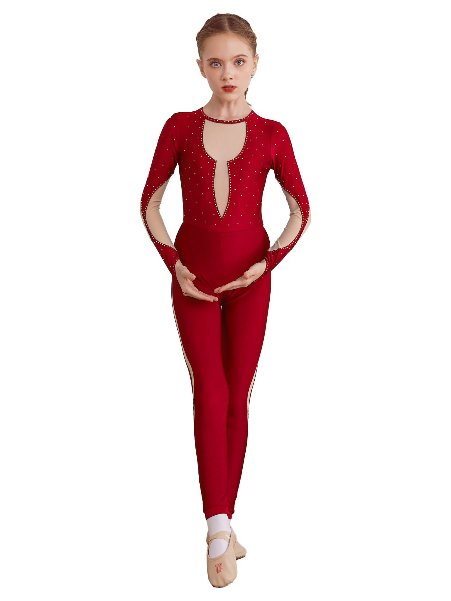 IEFIEL Kids Girls Figure Ice Skating Long Jumpsuit Dance Unitard Long ...
