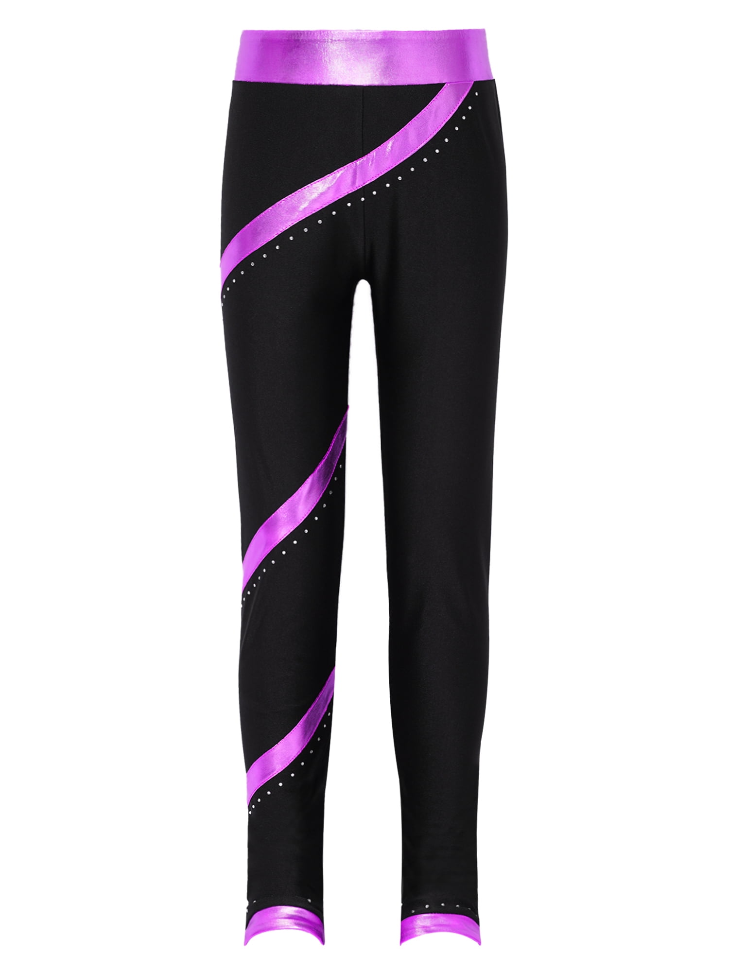 IEFIEL Kids Girls High Waist Figure Skating Leggings Spiral Metallic ...