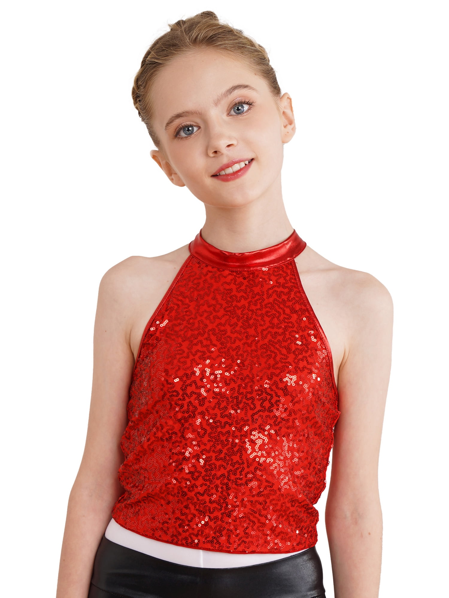 IEFIEL Kids Girls Jazz Cha-Cha Dance Costume Sparkly Sequins Tank Top ...