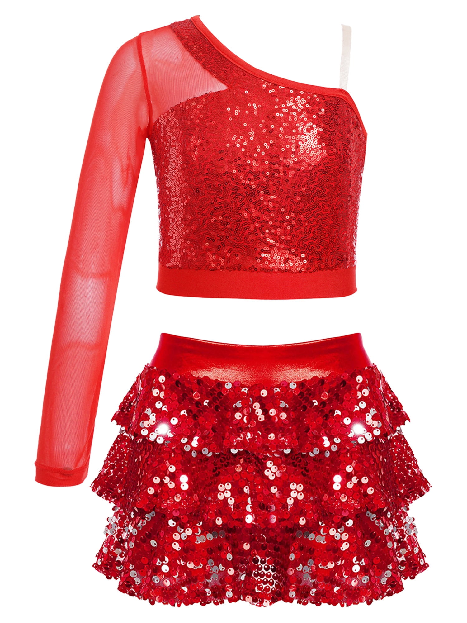 IEFIEL Kids Girls Jazz Latin Dance Outfit One Sleeve Sequins Crop Top ...