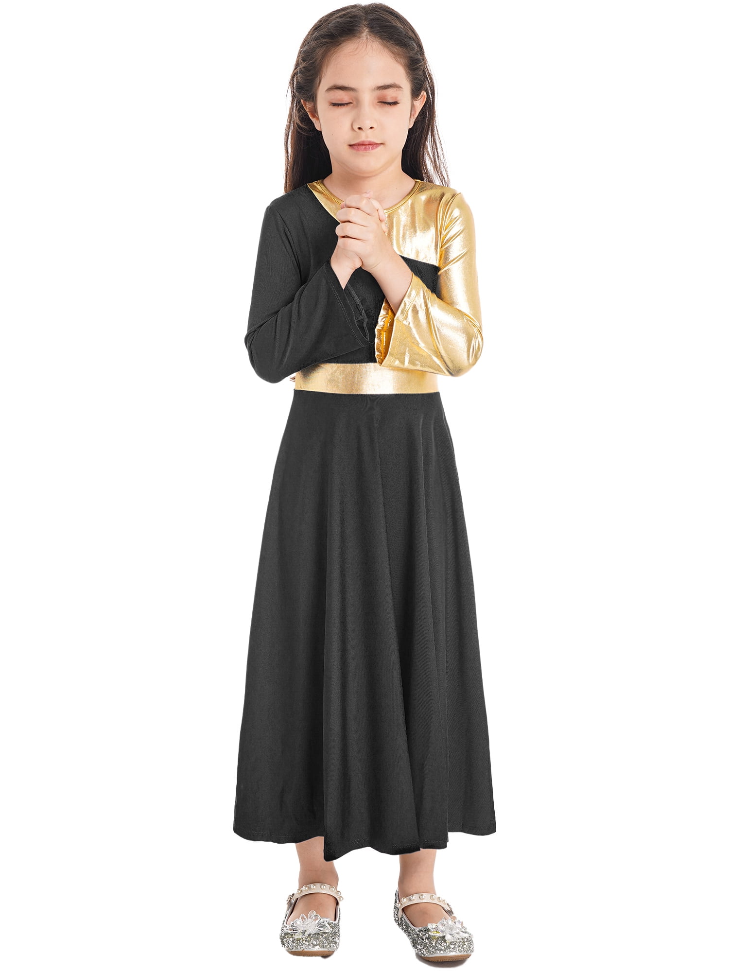 IEFIEL Kids Girls Liturgical Praise Dance Dress Bronzing Cross Pattern ...
