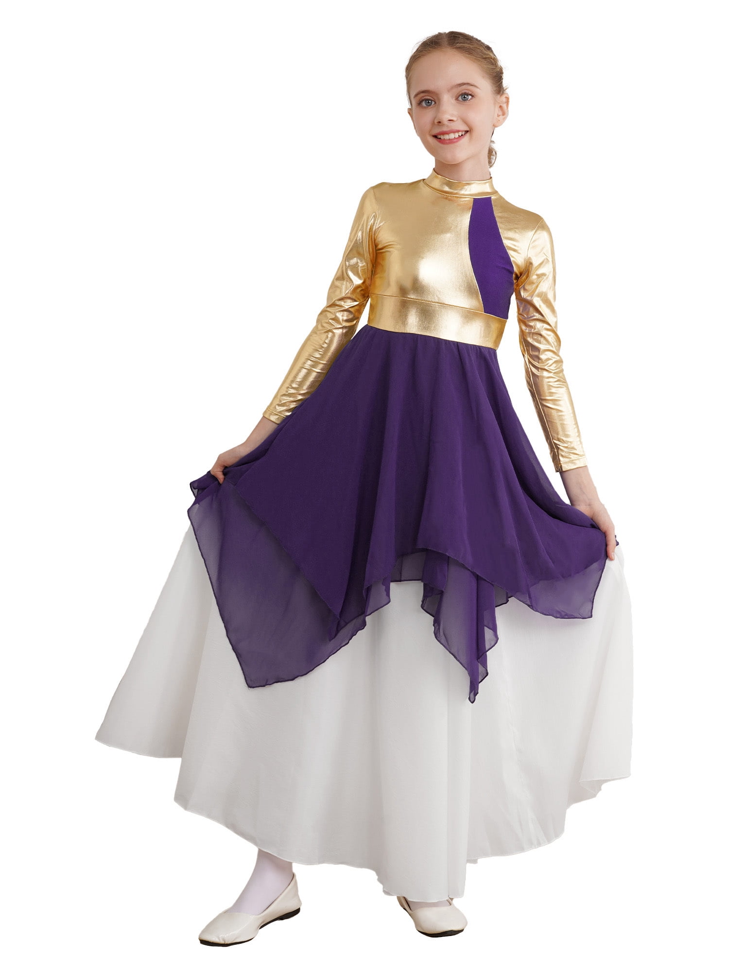 IEFIEL Kids Girls Liturgical Praise Dance Dress Chiffon Bronzing Long ...